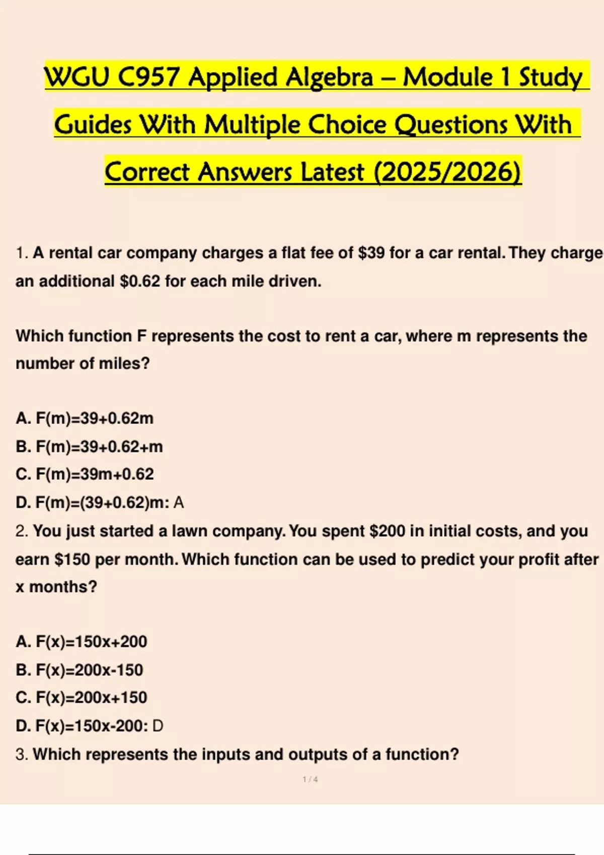 WGU C957 Applied Algebra – Module 1 Study Guides With Multiple Choice Questions With Correct ...