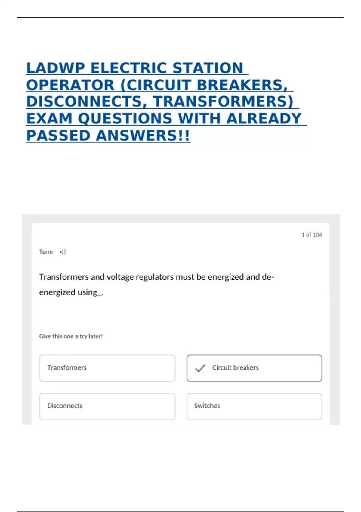 LADWP ELECTRIC STATION OPERATOR (CIRCUIT BREAKERS, DISCONNECTS ...