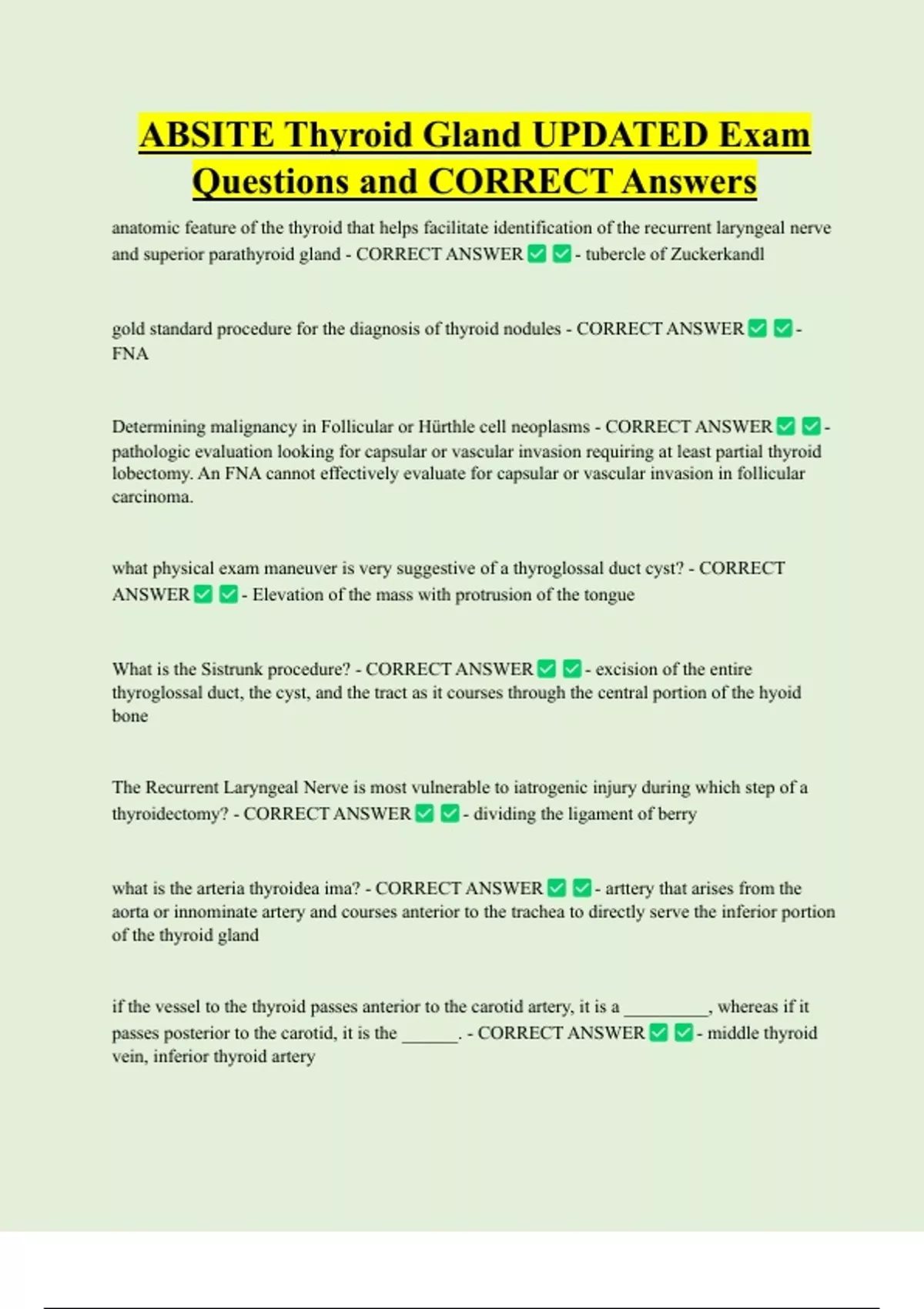 ABSITE Thyroid Gland UPDATED Exam Questions and CORRECT Answers ...