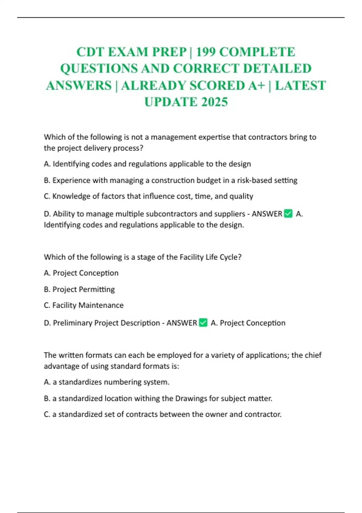 CDT EXAM PREP | 199 COMPLETE QUESTIONS AND CORRECT DETAILED ANSWERS ...
