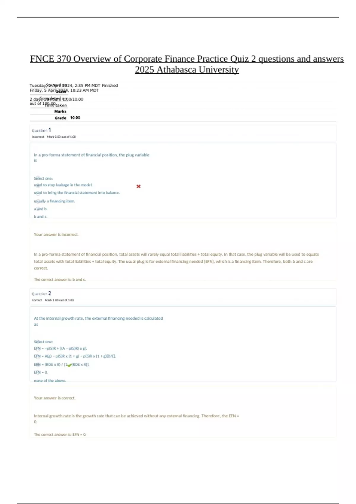 FNCE 370 Overview of Corporate Finance Practice Quiz 2 questions and ...