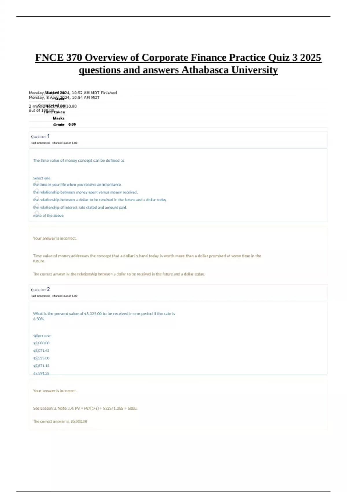 FNCE 370 Overview of Corporate Finance Practice Quiz 3 2025 questions ...