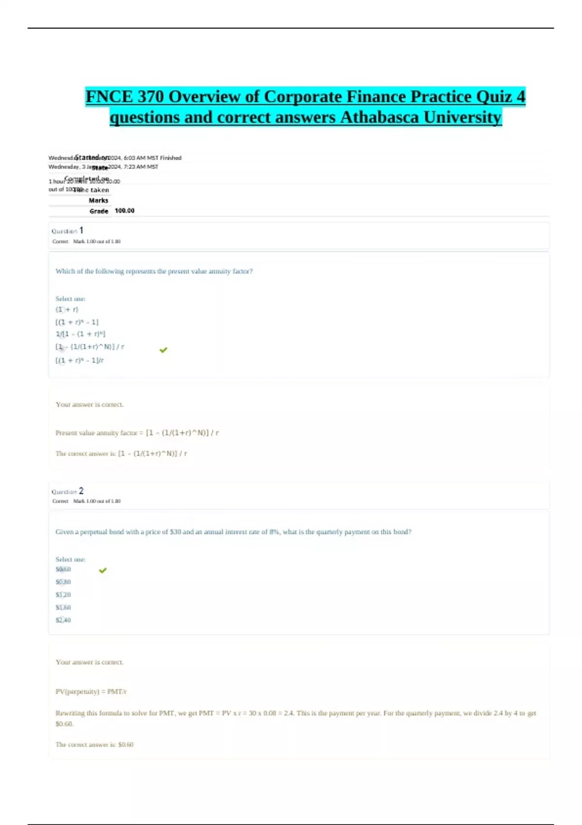 FNCE 370 Overview of Corporate Finance Practice Quiz 4 questions and ...