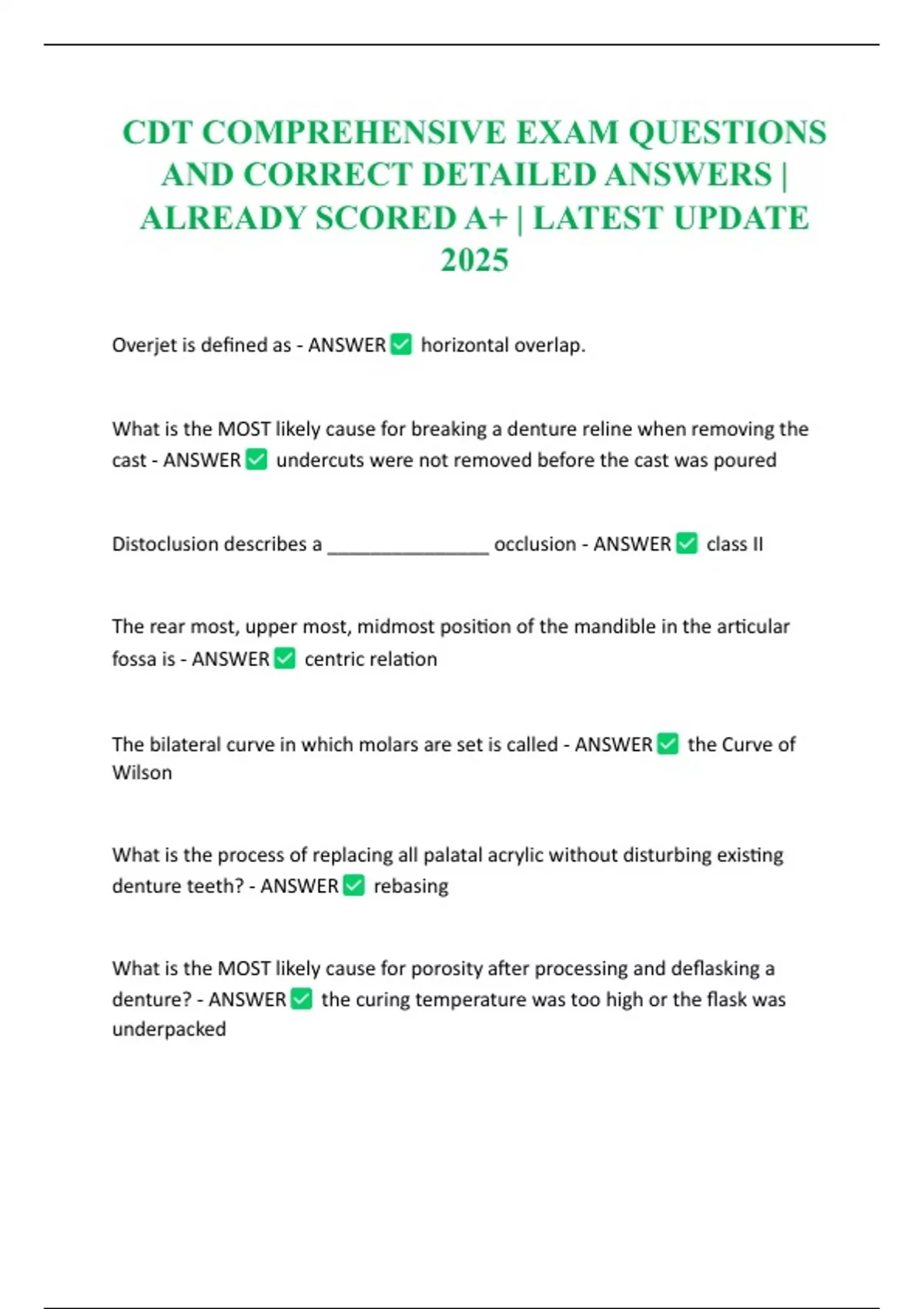 CDT COMPREHENSIVE EXAM QUESTIONS AND CORRECT DETAILED ANSWERS | ALREADY ...