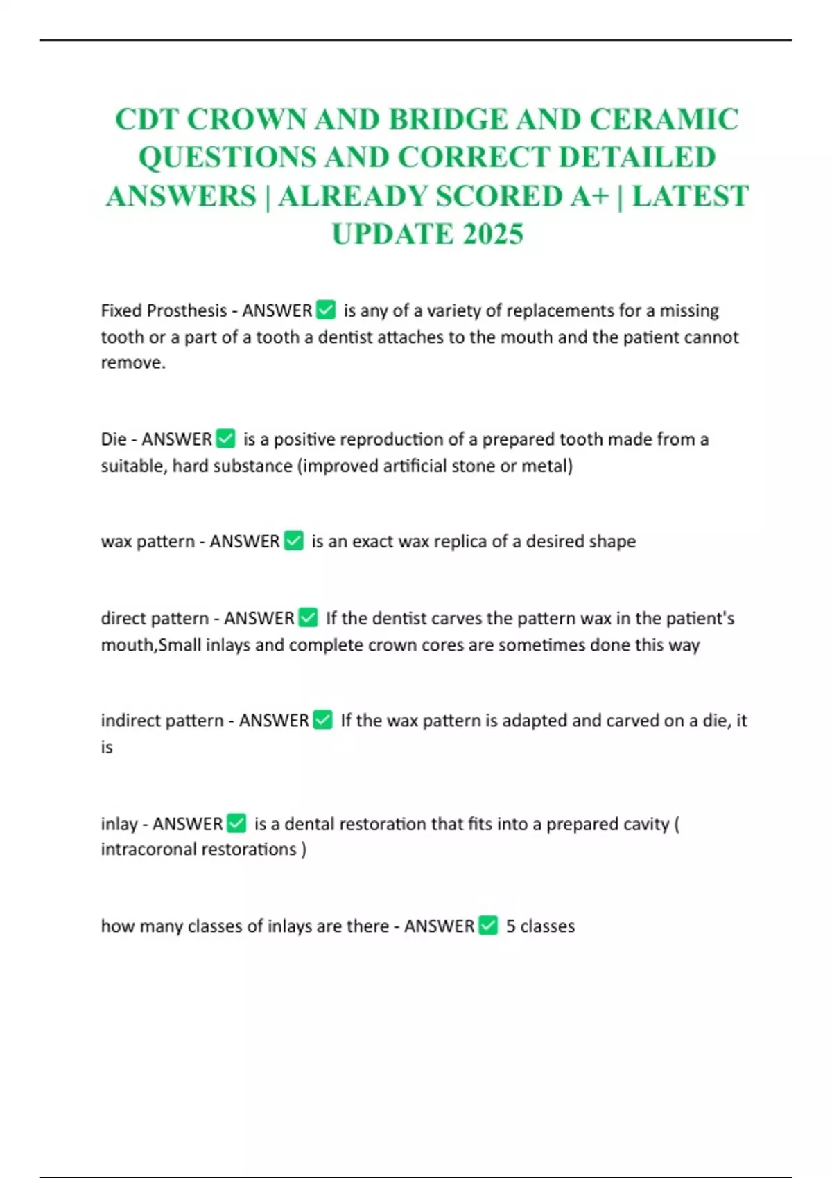 CDT CROWN AND BRIDGE AND CERAMIC QUESTIONS AND CORRECT DETAILED ANSWERS ...