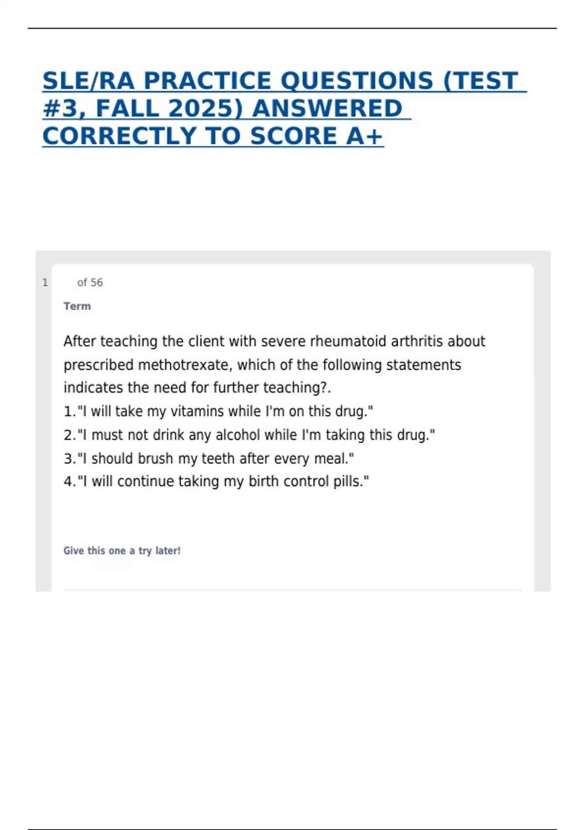 SLE/RA PRACTICE QUESTIONS (TEST #3, FALL 2025) ANSWERED CORRECTLY TO ...