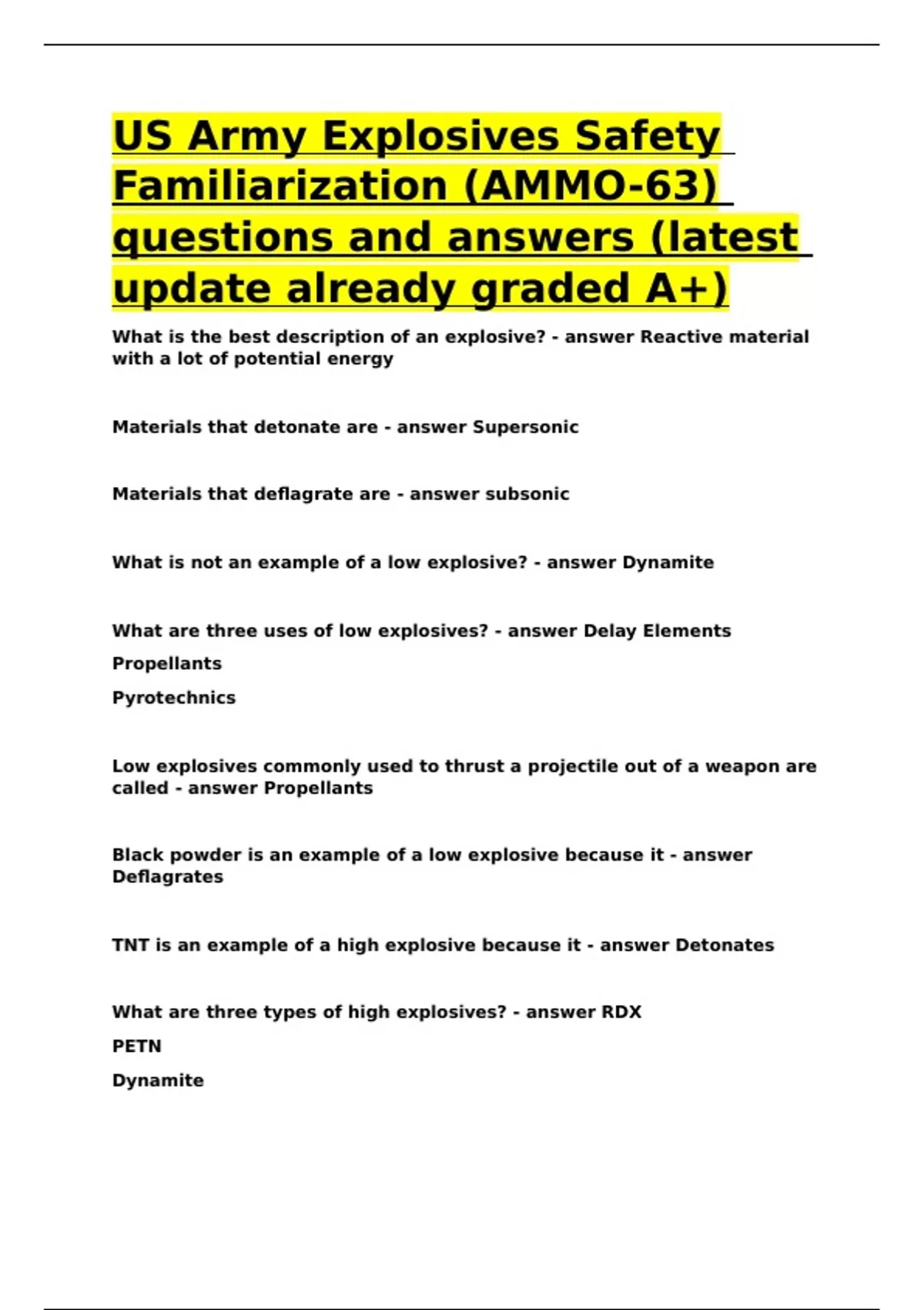 US Army Explosives Safety Familiarization (AMMO-63) questions and ...