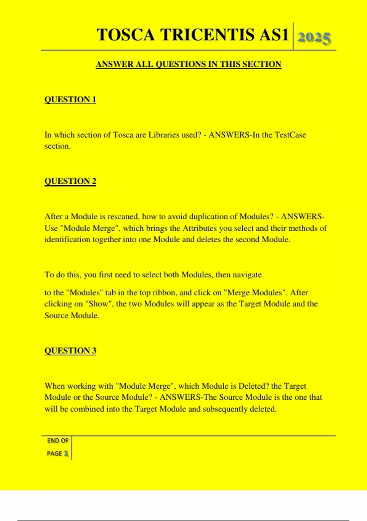 TOSCA TRICENTIS AS1 QUESTIONS AND ANSWERS 2025 - TOSCA TRICENTIS AS1 - Stuvia US