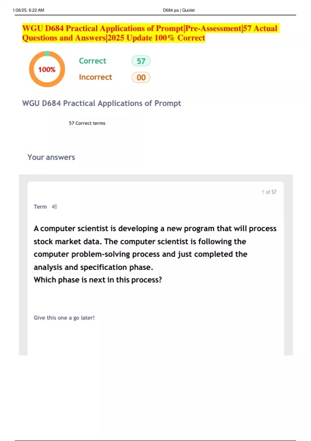 WGU D684 Practical Applications of Prompt|Pre-Assessment|57 Actual Questions and Answers|2025 ...