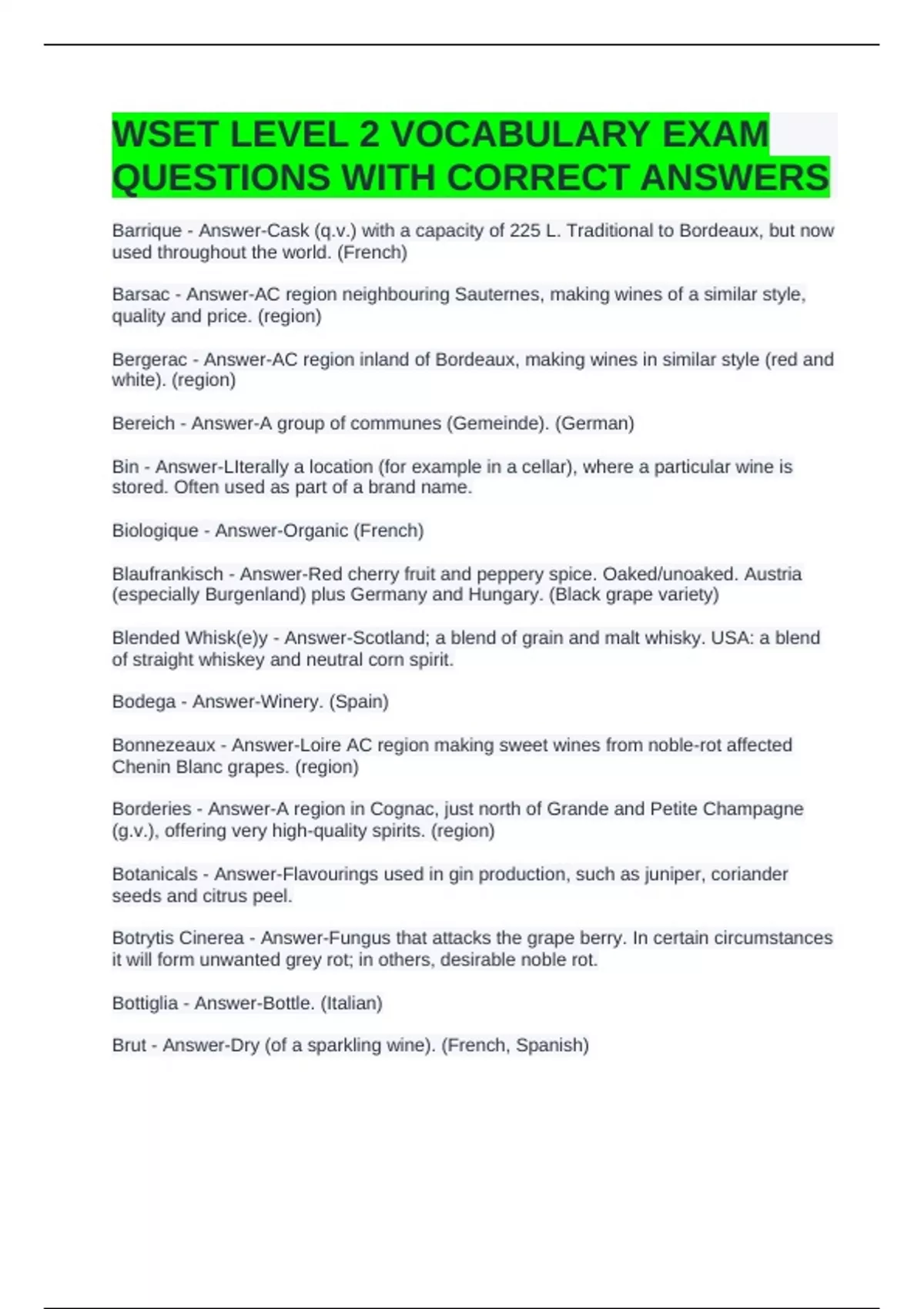 WSET LEVEL 2 VOCABULARY EXAM QUESTIONS WITH CORRECT ANSWERS - WSET ...
