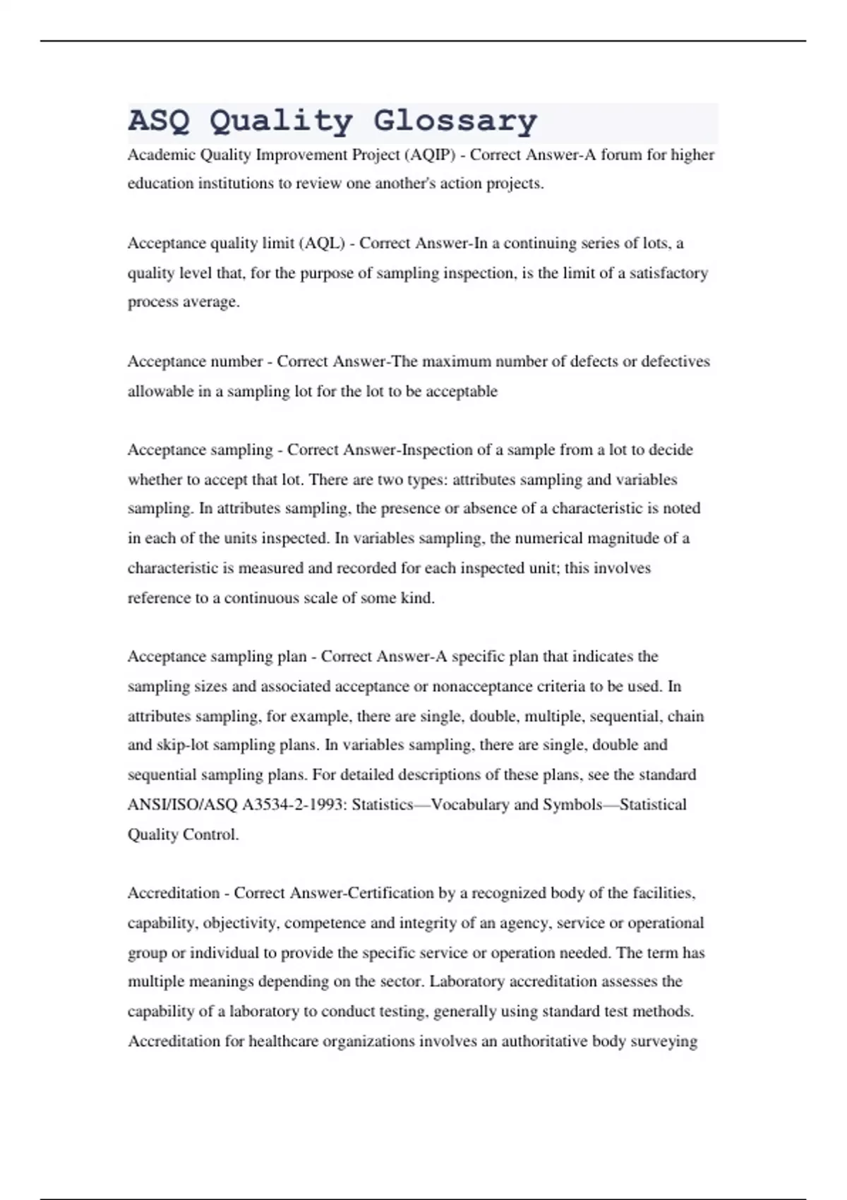 Test Bank for ASQ Quality Glossary – Quality Management, Process ...