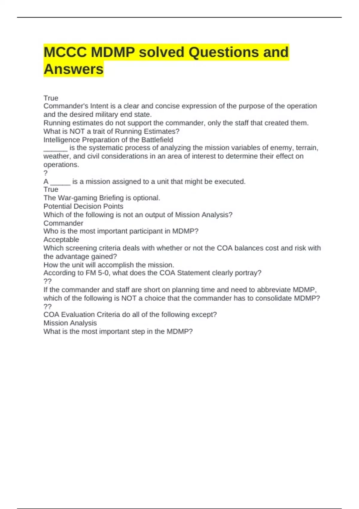 MCCC MDMP solved Questions and Answers - MDMP - Stuvia US