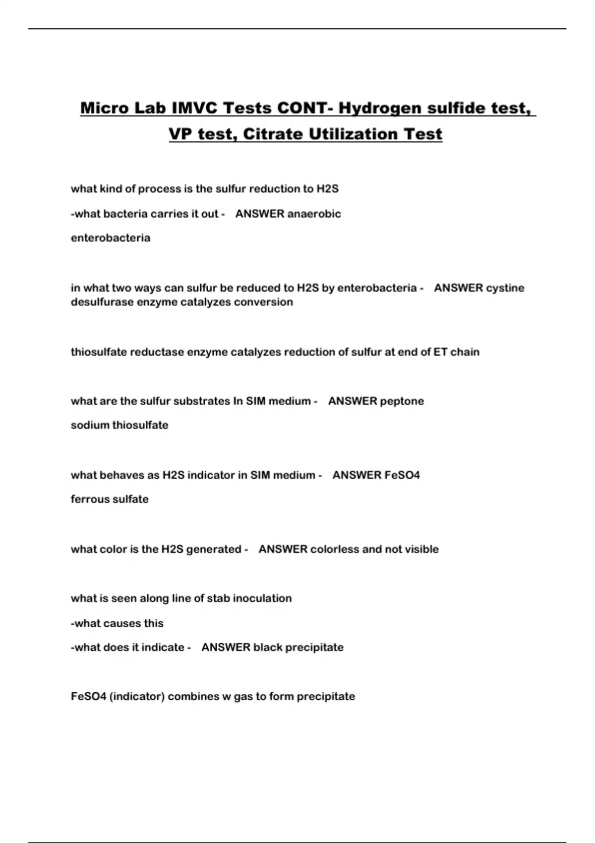 Micro Lab IMVC Tests CONT- Hydrogen sulfide test, VP test, Citrate ...