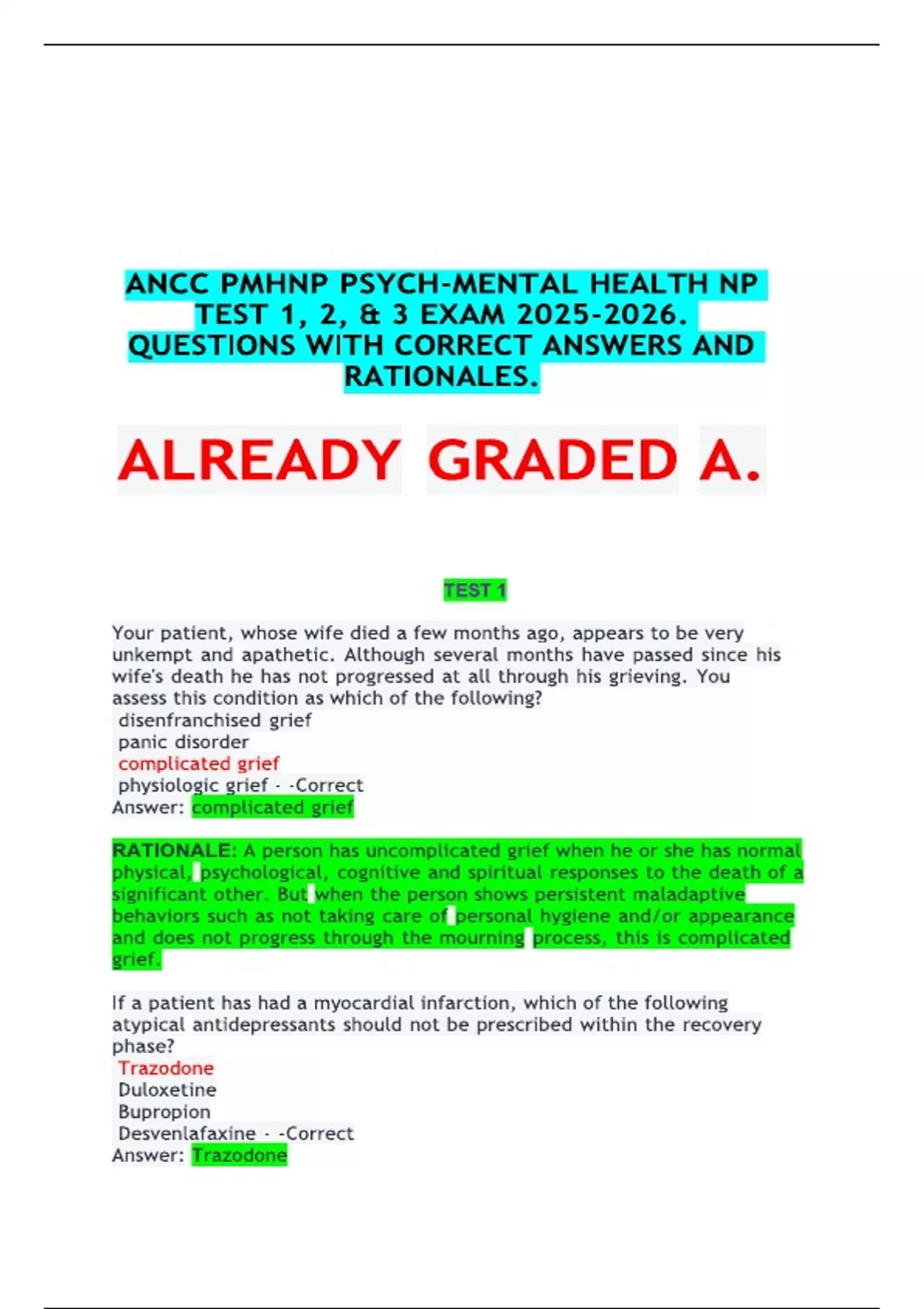 ANCC PMHNP PSYCH-MENTAL HEALTH NP TEST 1, 2, & 3 EXAM . QUESTIONS WITH ...