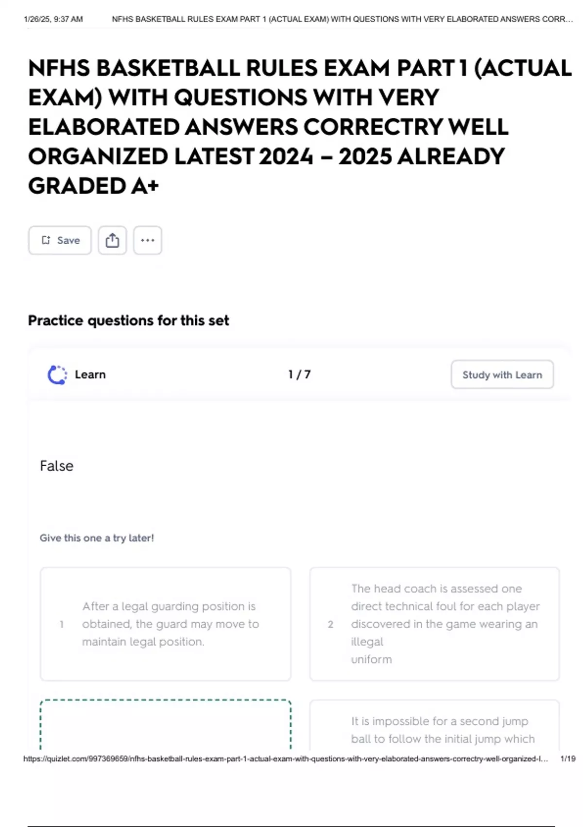 NFHS BASKETBALL RULES EXAM PART 1 (ACTUAL EXAM) WITH QUESTIONS WITH ...
