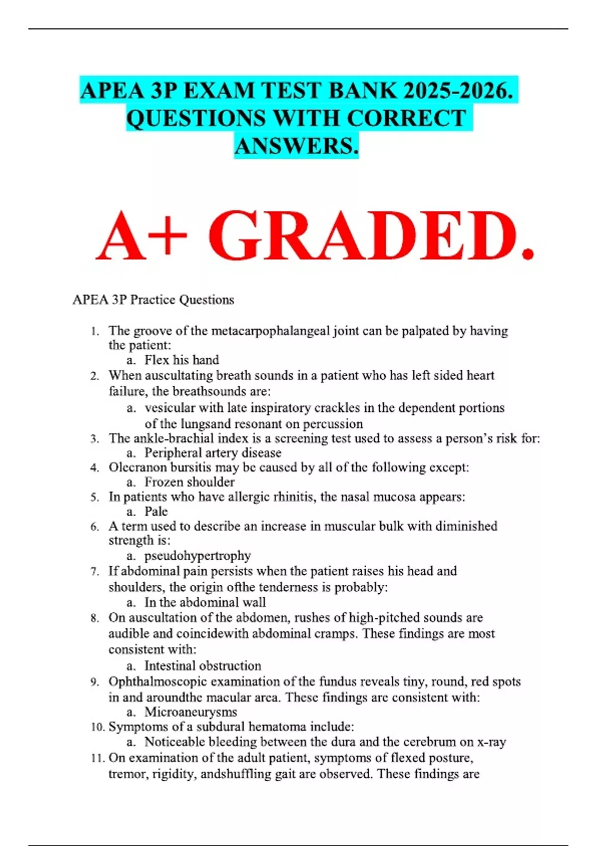 APEA 3P EXAM TEST BANK . QUESTIONS WITH CORRECT ANSWERS. A+ GRADED ...