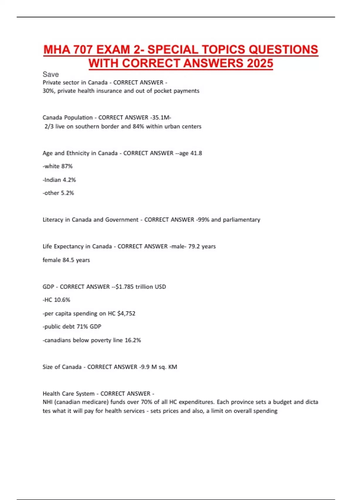 MHA 707 EXAM 2- SPECIAL TOPICS QUESTIONS WITH CORRECT ANSWERS 2025 ...