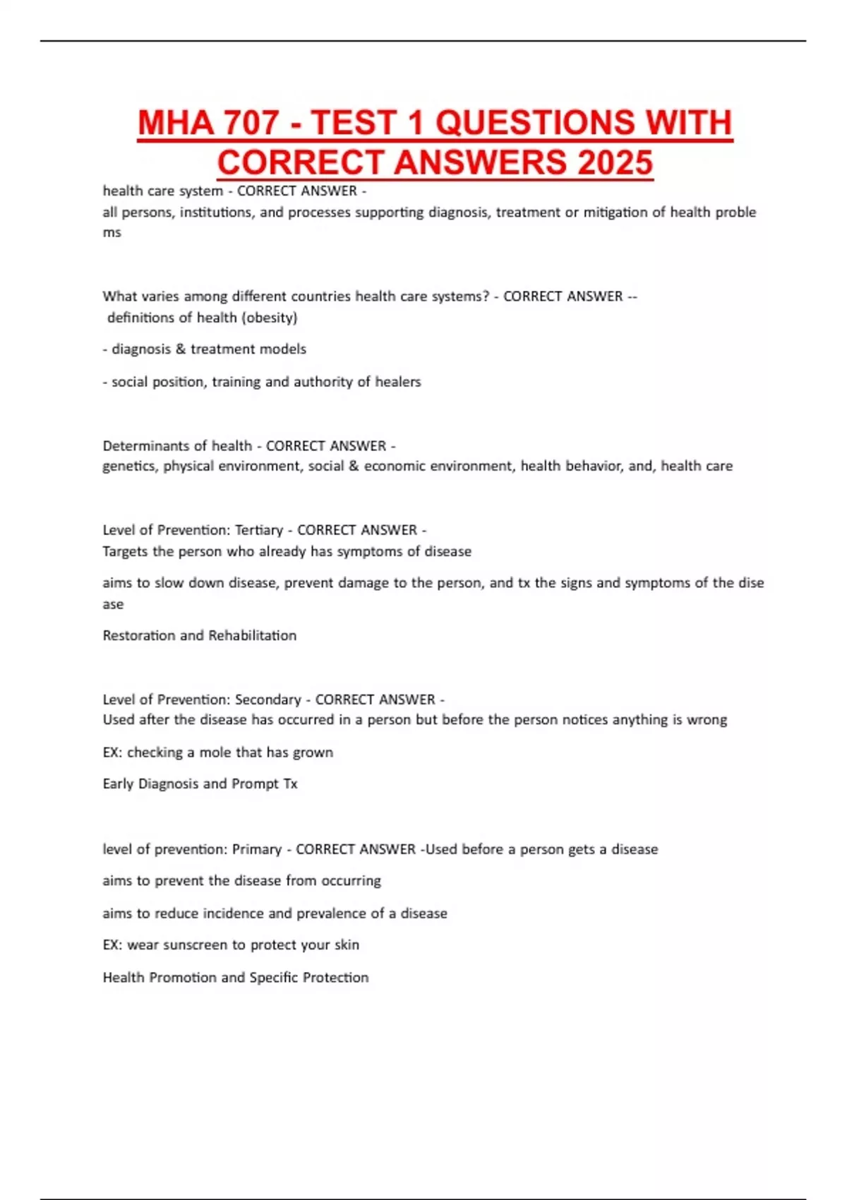 MHA 707 - TEST 1 QUESTIONS WITH CORRECT ANSWERS 2025 - MHA 707 - Stuvia US