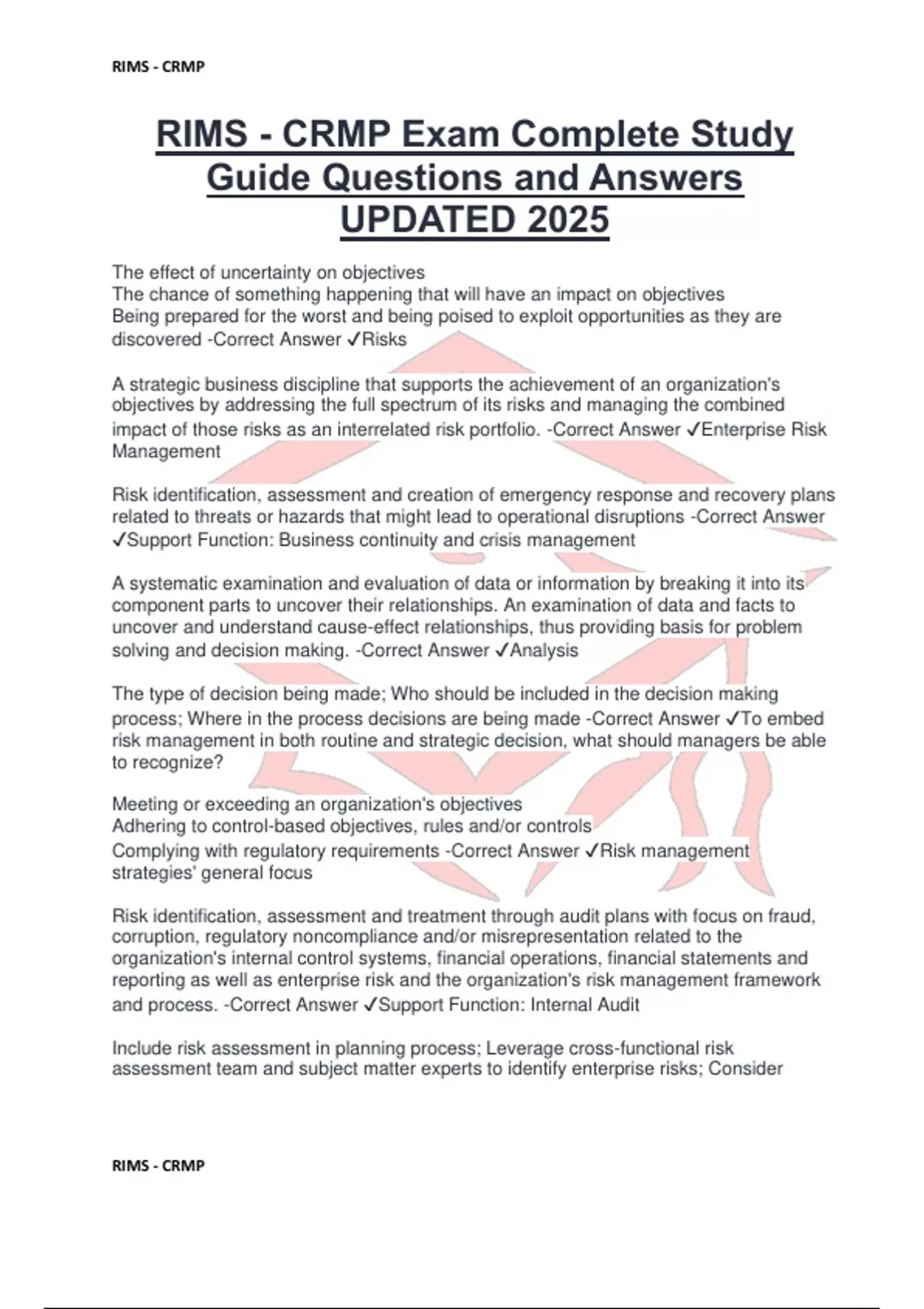 RIMS - CRMP Exam Complete Study Guide Questions and Answers UPDATED ...