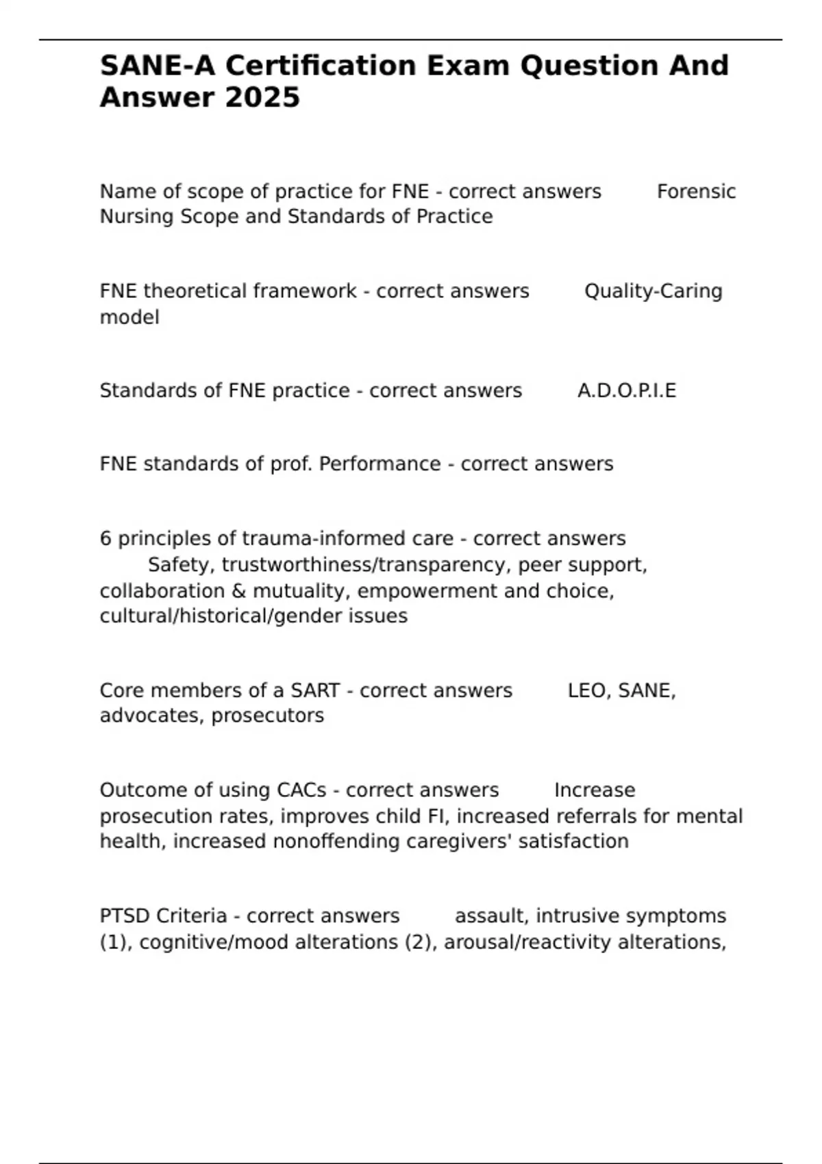 SANE-A Certification Exam Question And Answer 2025. - Nursing - Stuvia US