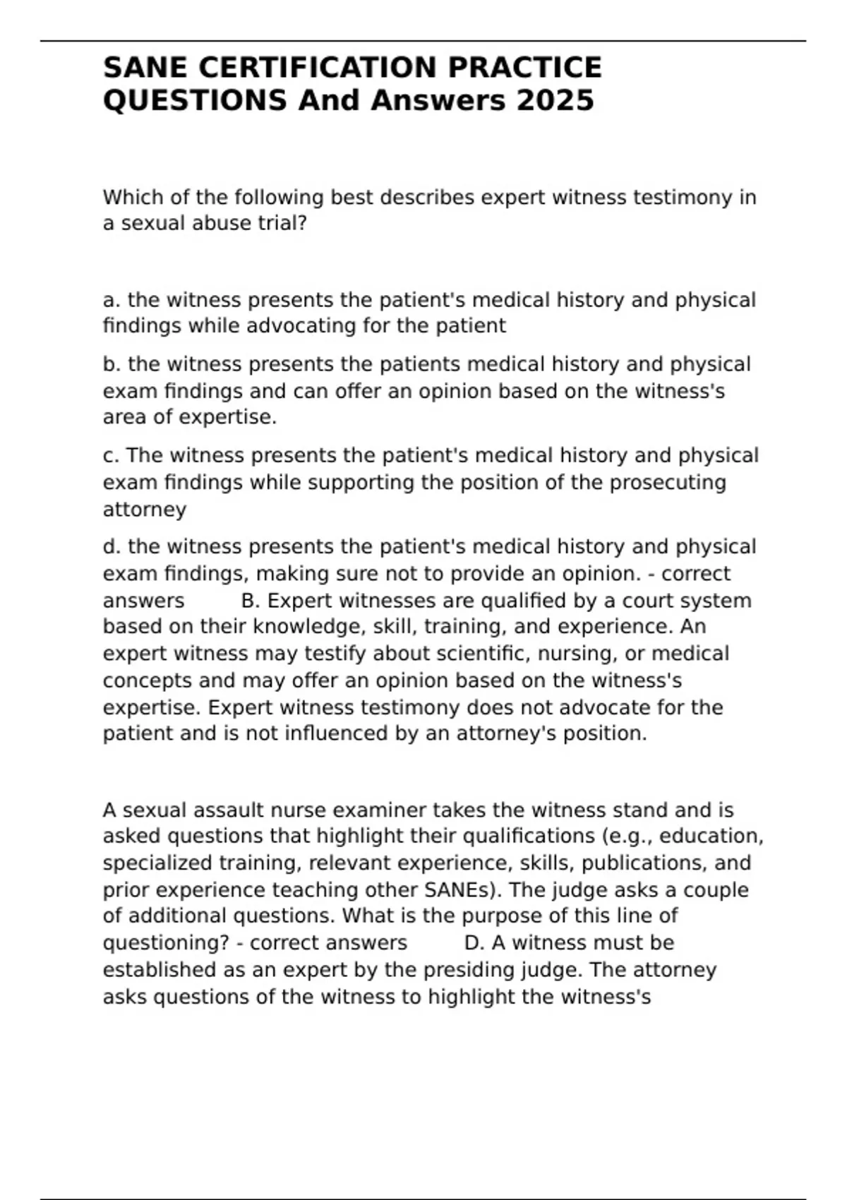 SANE CERTIFICATION PRACTICE QUESTIONS And Answers 2025 - Nursing ...