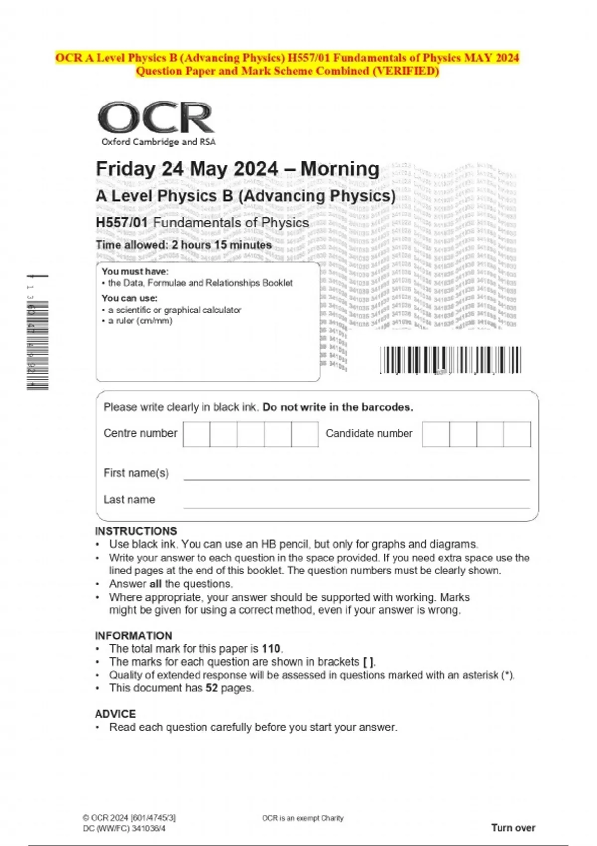 OCR A Level Physics B (Advancing Physics) H557/01 Fundamentals of Physics MAY 2024 Question ...
