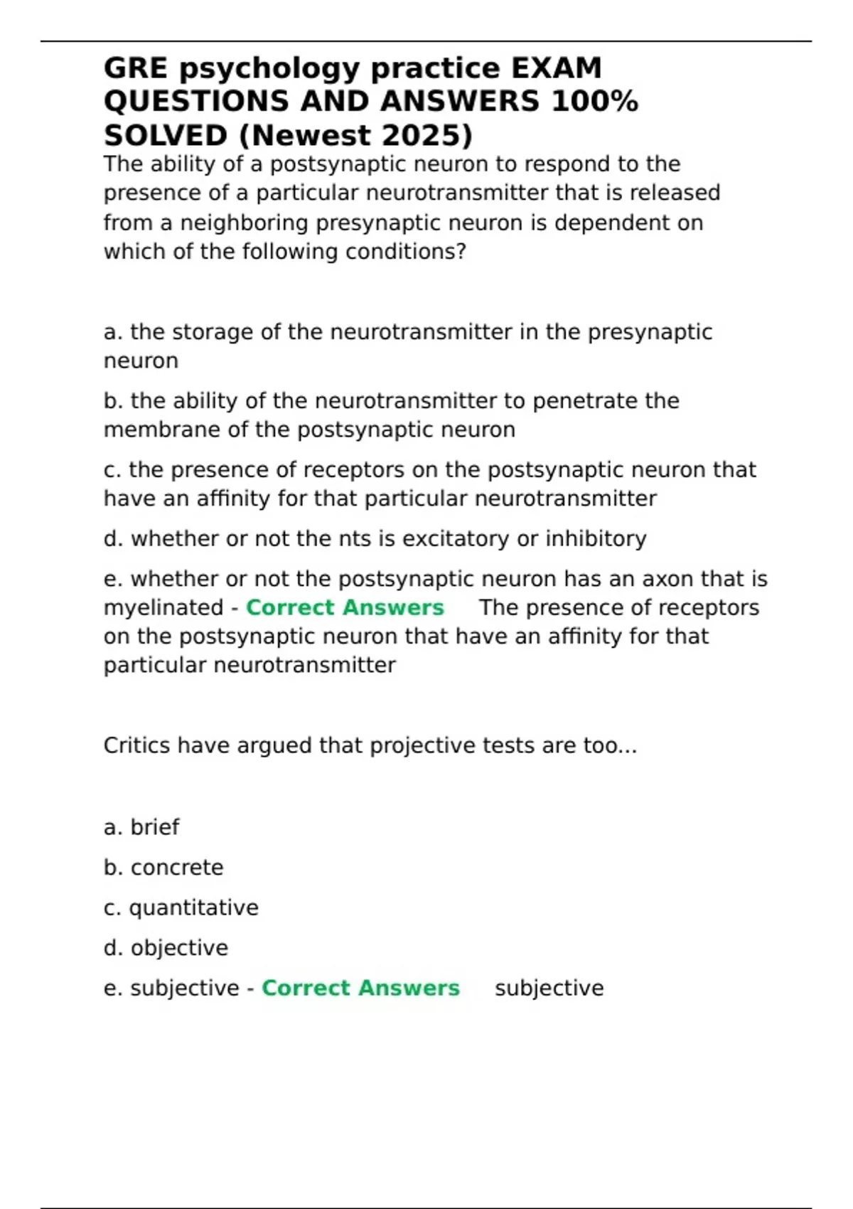 GRE psychology practice EXAM QUESTIONS & ANSWERS 100- SOLVED (Newest ...