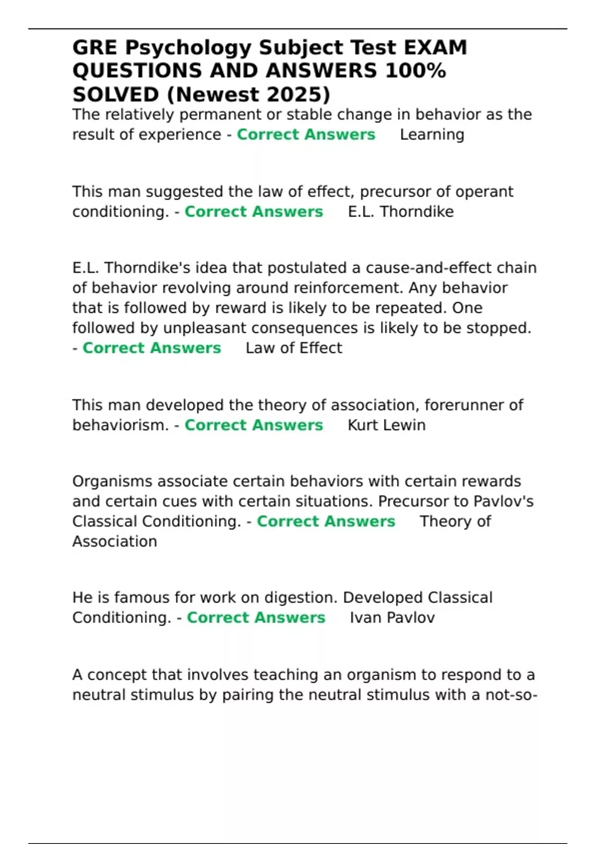 GRE Psychology Subject Test EXAM QUESTIONS & ANSWERS 100- SOLVED ...