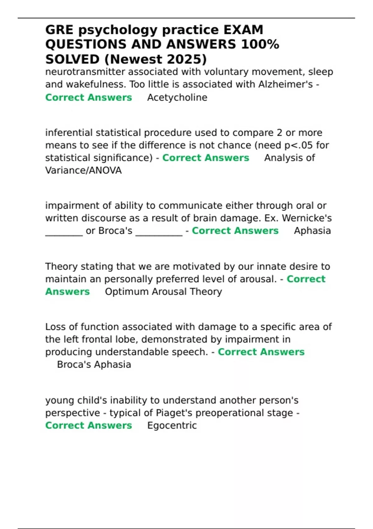 GRE psychology practice EXAM QUESTIONS AND ANSWERS 100- SOLVED (Newest ...