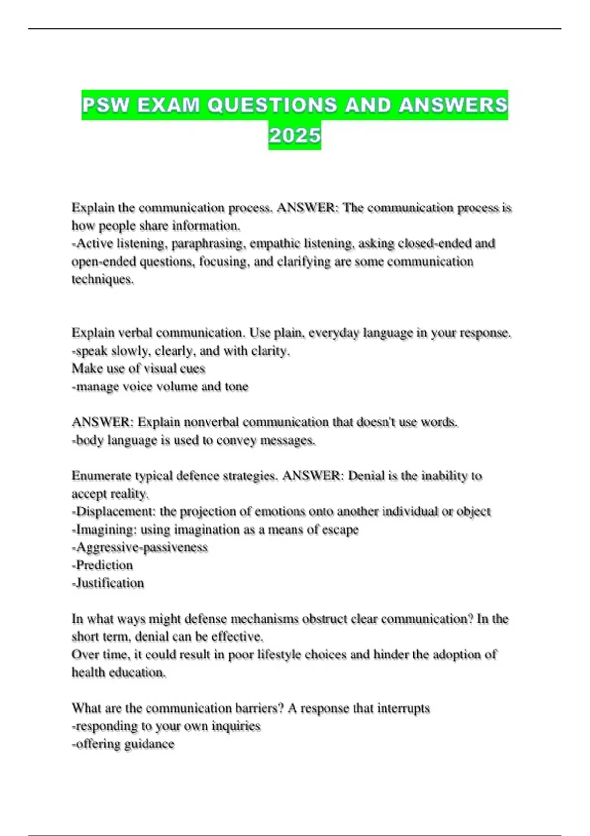 PSW EXAM QUESTIONS AND ANSWERS 2025 - PSW - Stuvia US