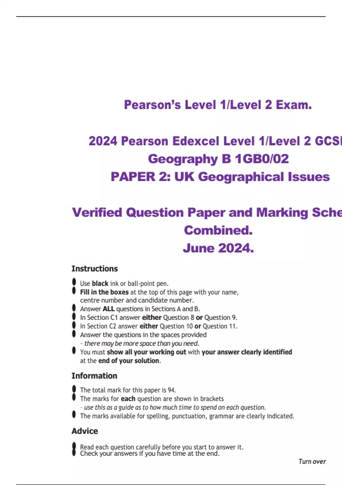 2024 Pearson Edexcel Level 1/Level 2 GCSE Geography B 1GB0/02 PAPER 2 ...