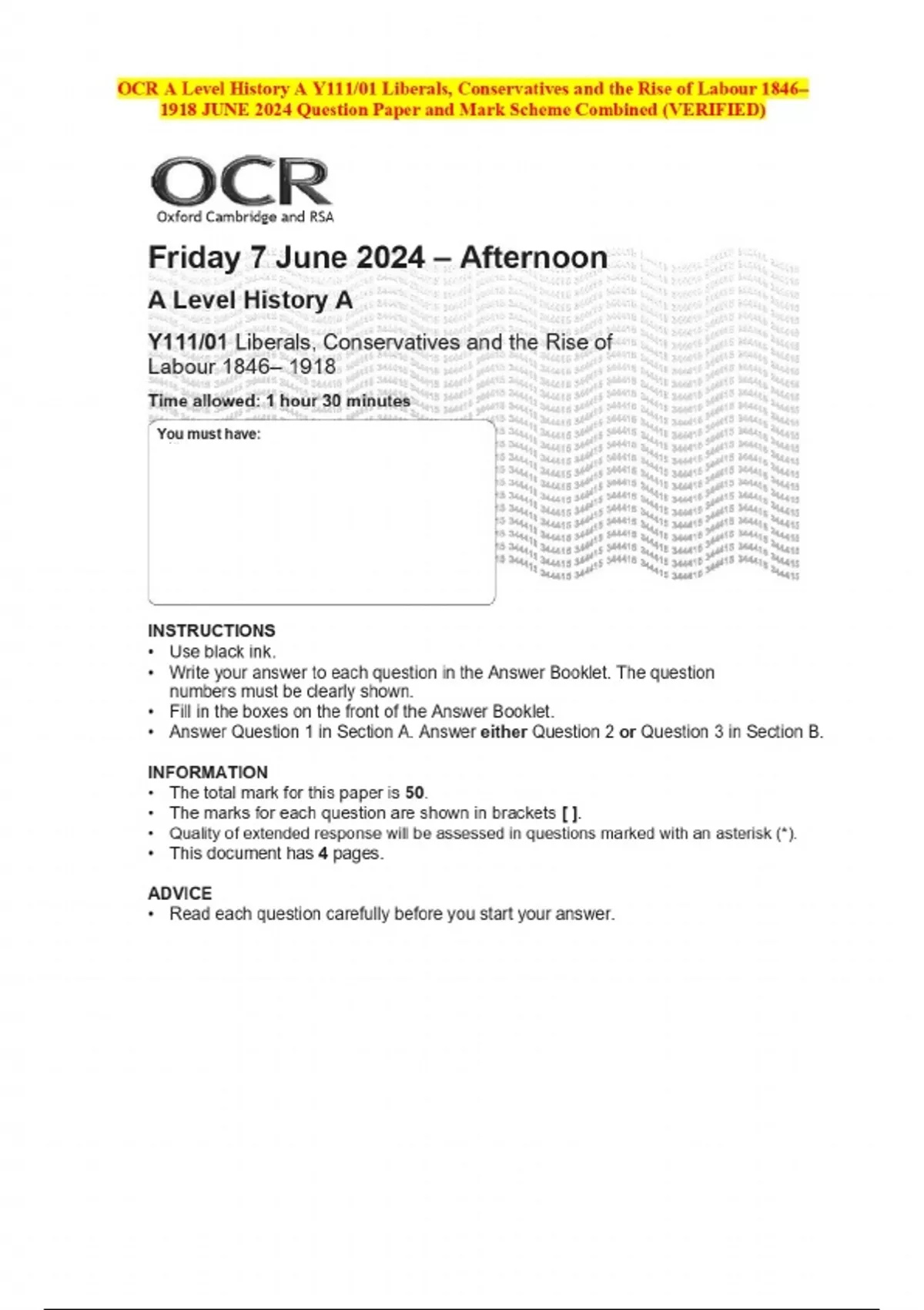 OCR A Level History A Y111/01 Liberals, Conservatives and the Rise of Labour 1846– 1918 JUNE ...