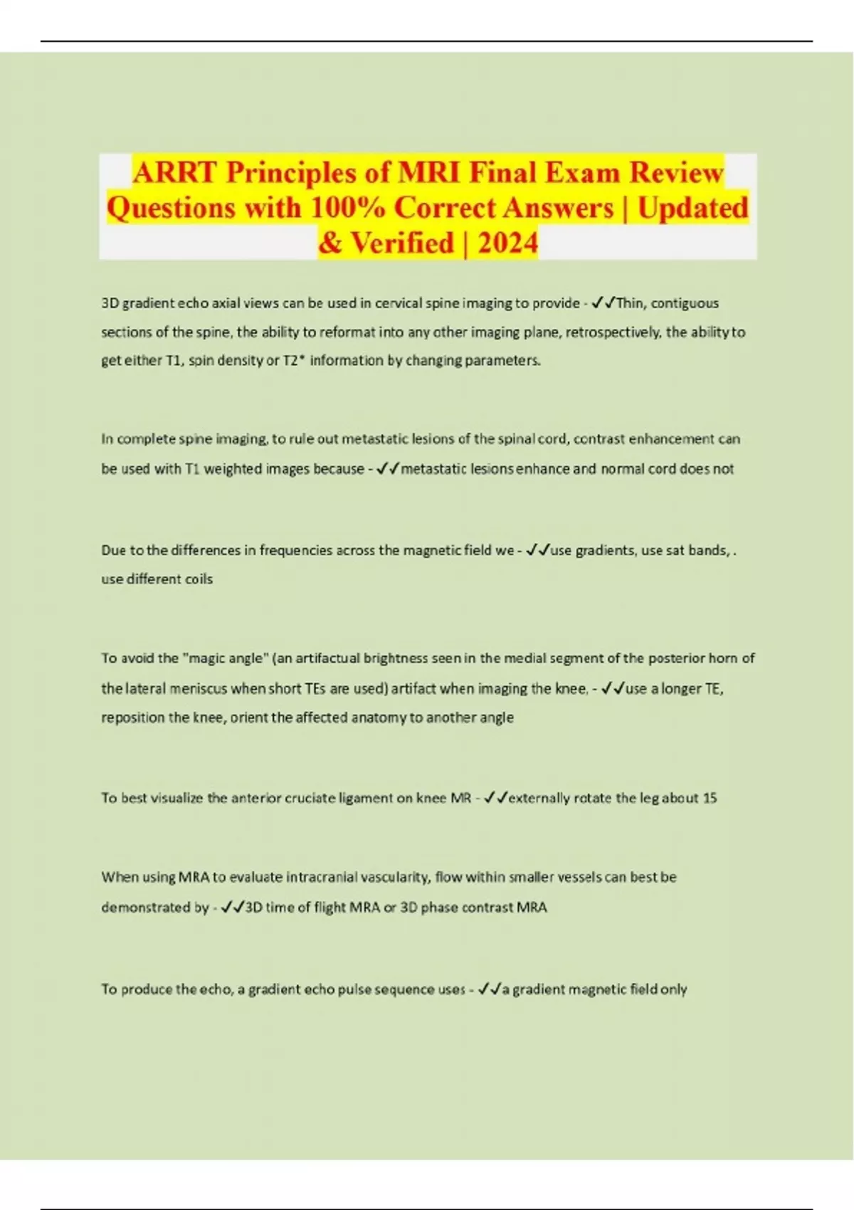 ARRT Principles of MRI Final Exam Review Questions with 100% Correct Answers | Updated ...
