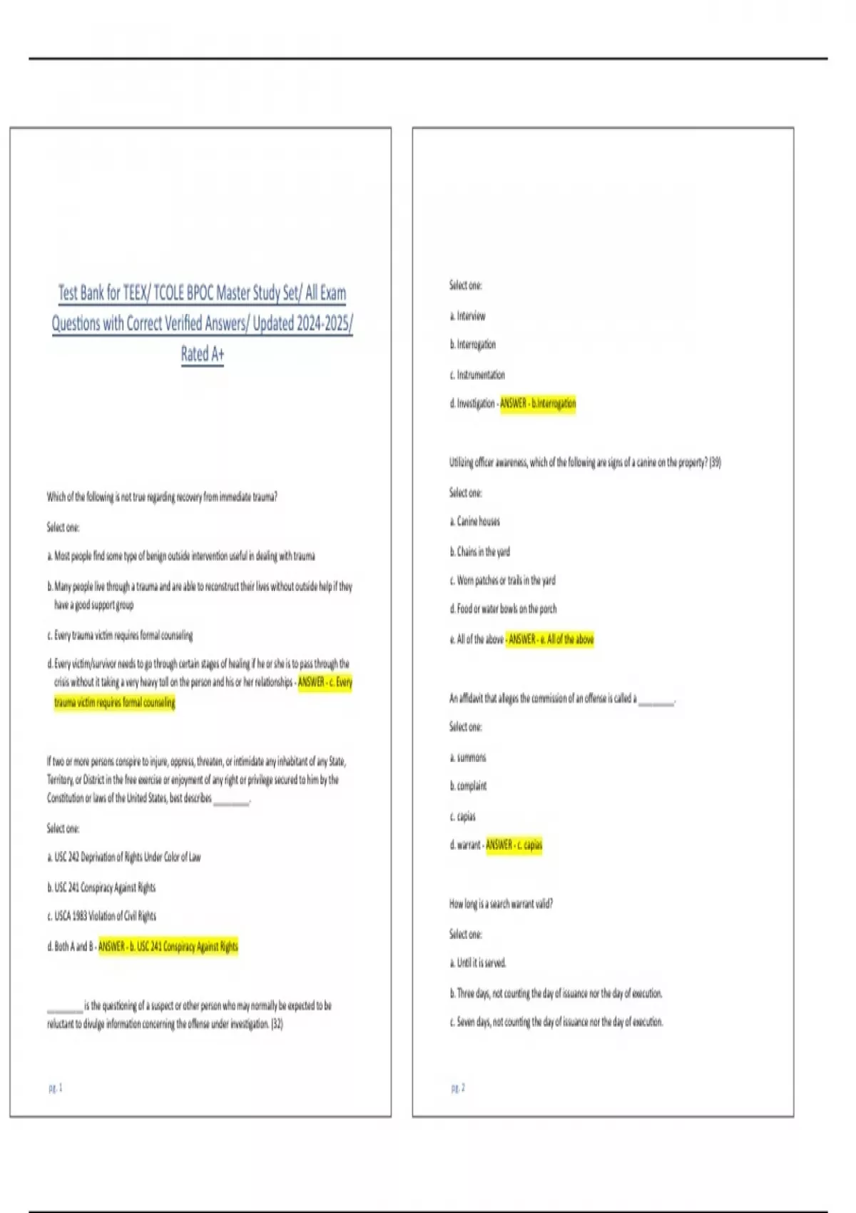 Test Bank for TEEX/ TCOLE BPOC Master Study Set/ All Exam Questions ...