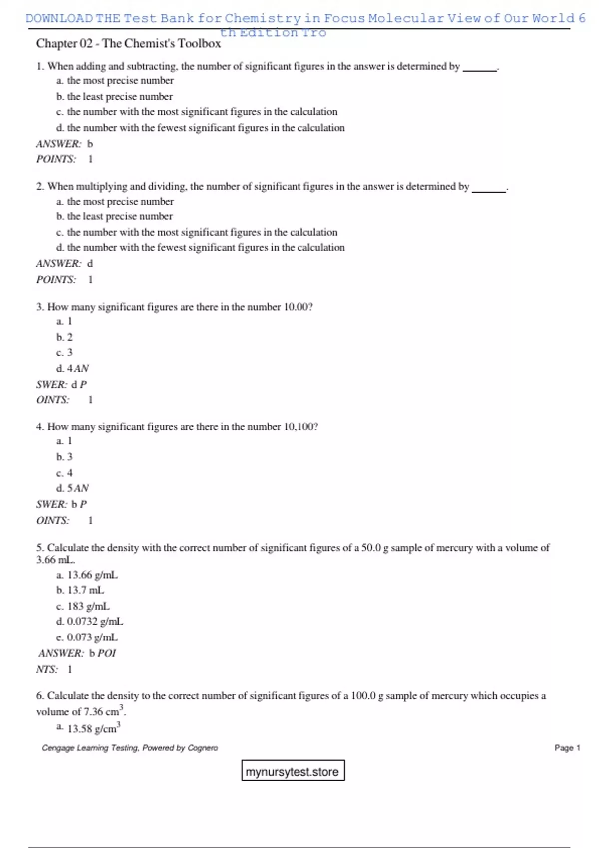 Test Bank for Chemistry in focus a molecular view of our world 9th ...