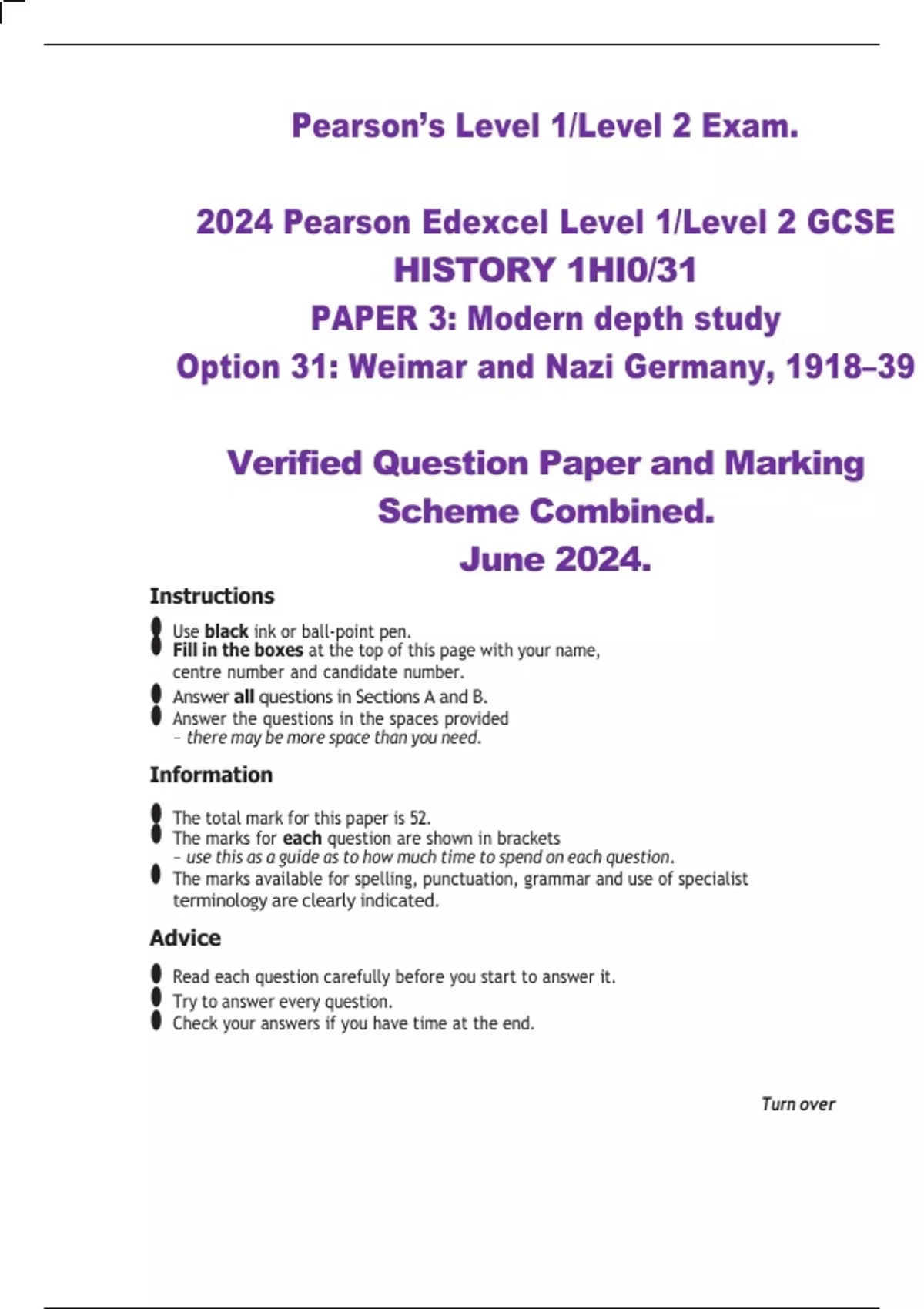 2024 Pearson Edexcel Level 1/Level 2 GCSE HISTORY 1HI0/31 PAPER 3: Modern depth study Option 31 ...