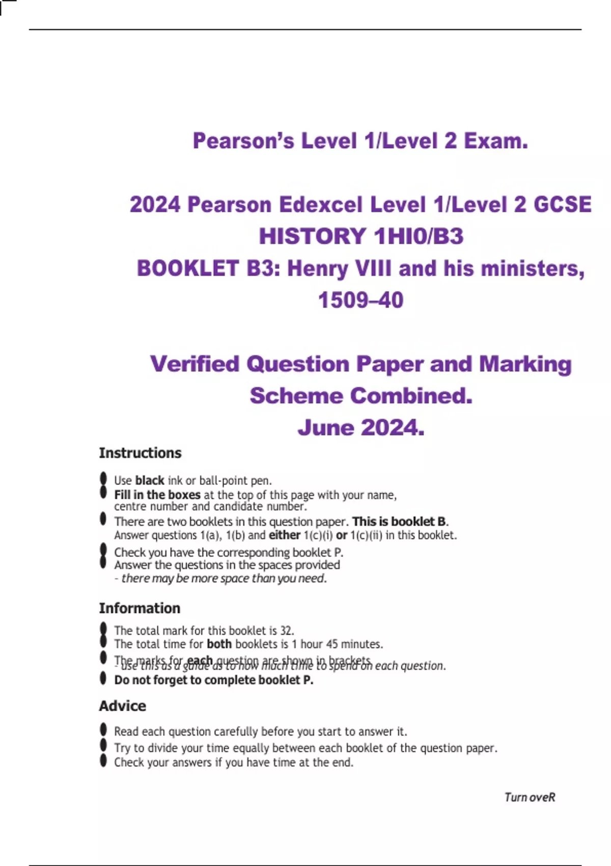 2024 Pearson Edexcel Level 1/Level 2 GCSE HISTORY 1HI0/B3 BOOKLET B3 ...