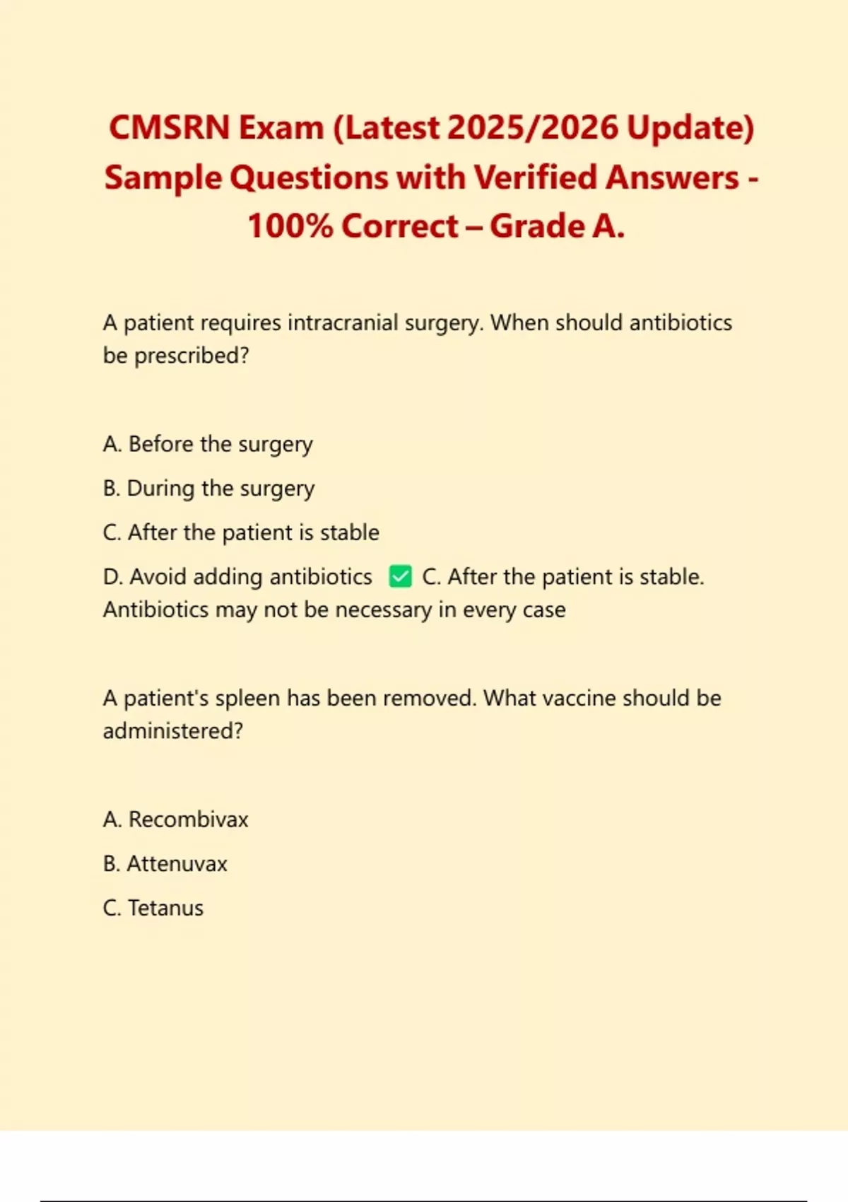 CMSRN Exam (Latest 2025/2026 Update) Sample Questions with Verified ...