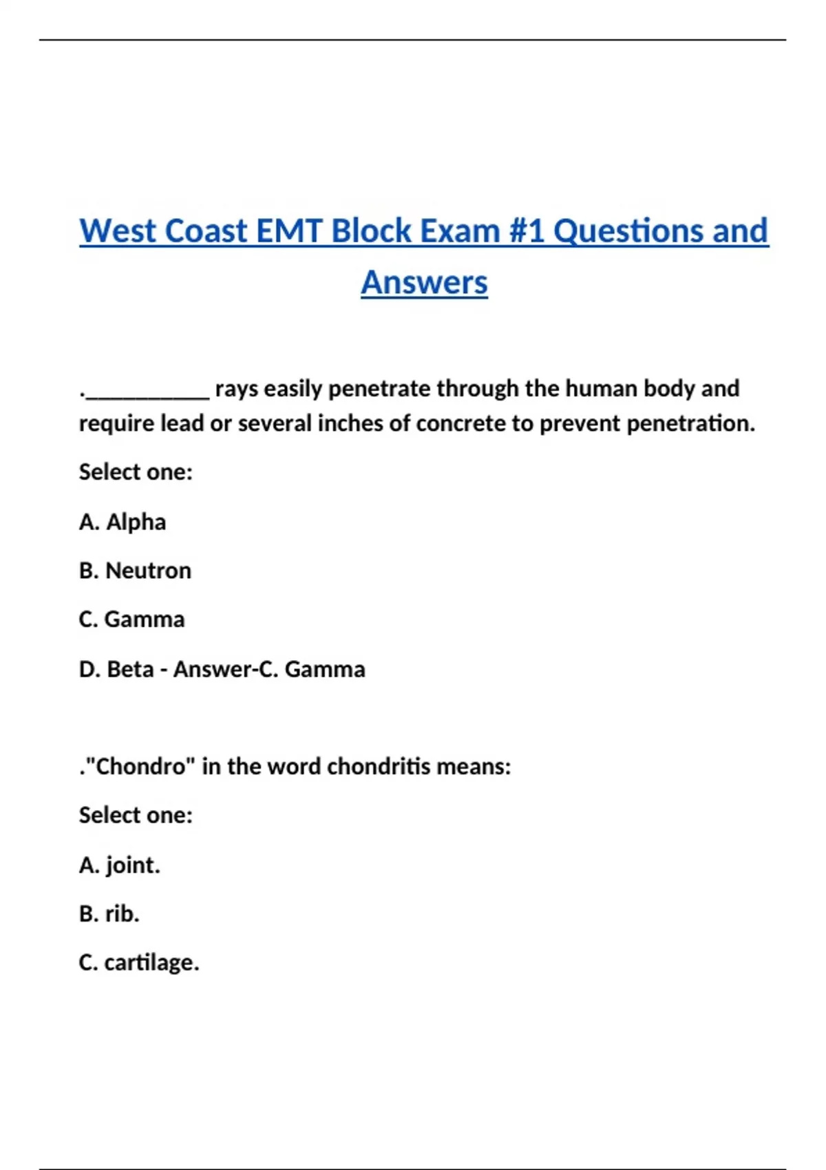 West Coast EMT Block Exam #1 Questions and Answers - West Coast EMT ...