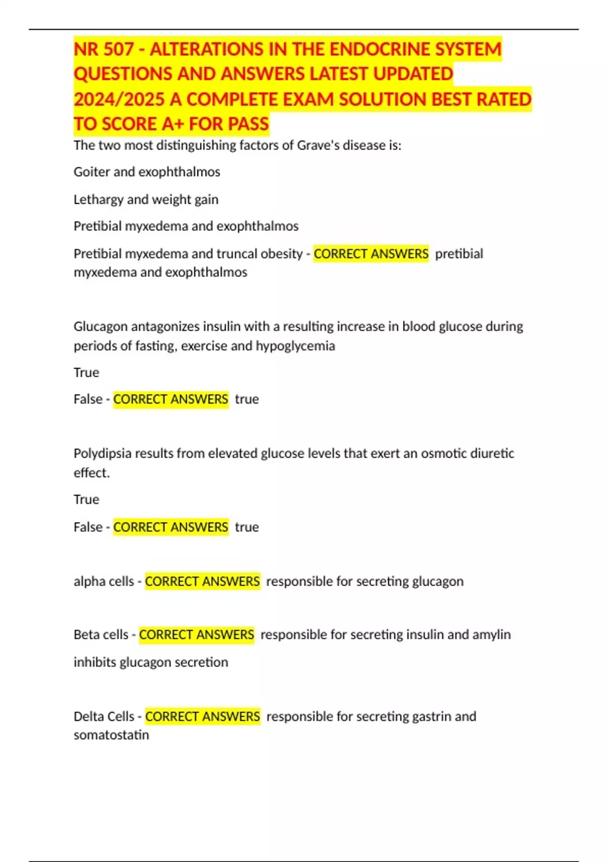 NR 507 - ALTERATIONS IN THE ENDOCRINE SYSTEM QUESTIONS AND ANSWERS ...