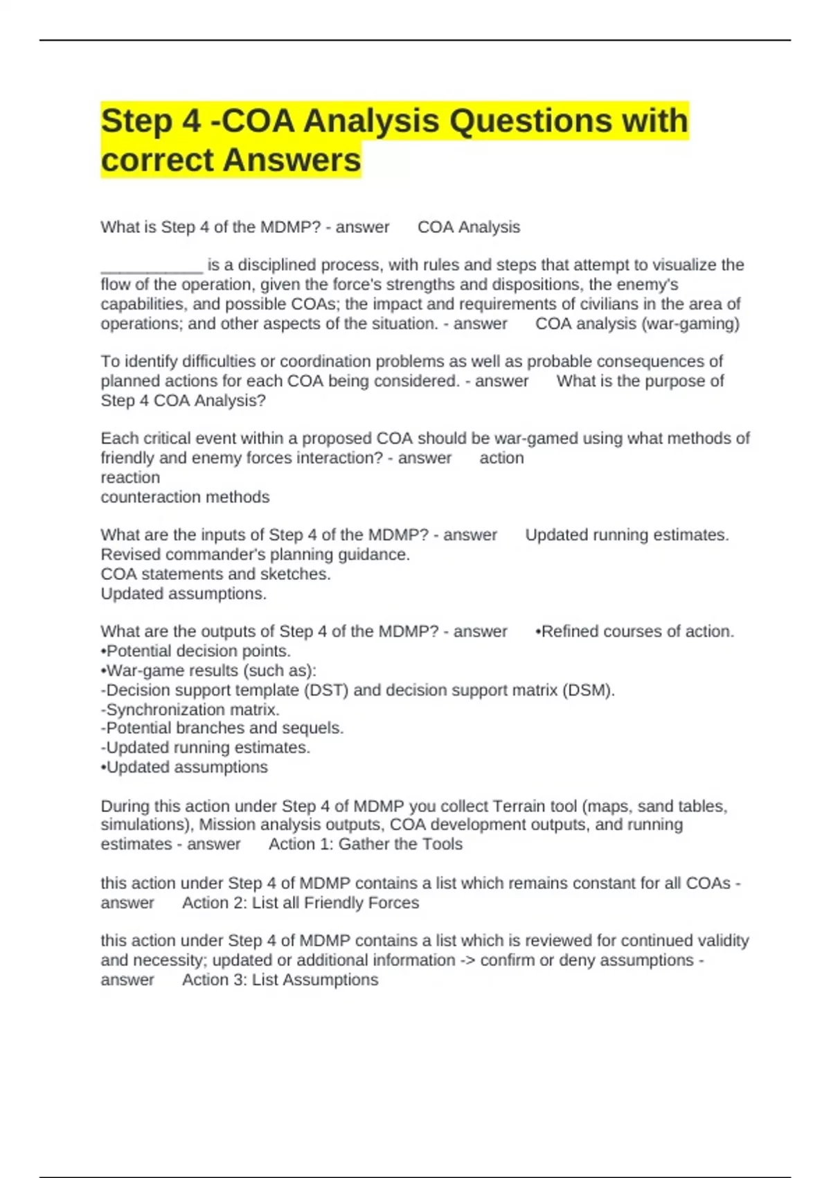 Step 4 -COA Analysis Questions with correct Answers - MDMP - Stuvia US