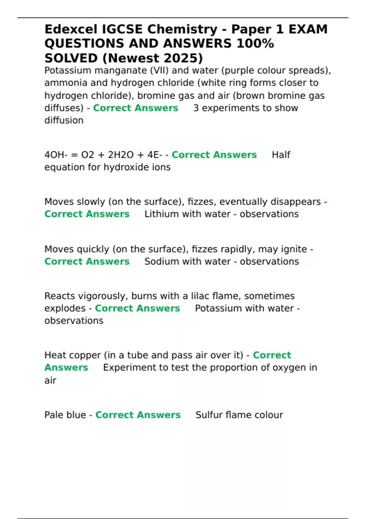 Edexcel IGCSE Chemistry - Paper 1 EXAM QUESTIONS AND ANSWERS 100- SOLVED (Newest 2025 - CHEM ...