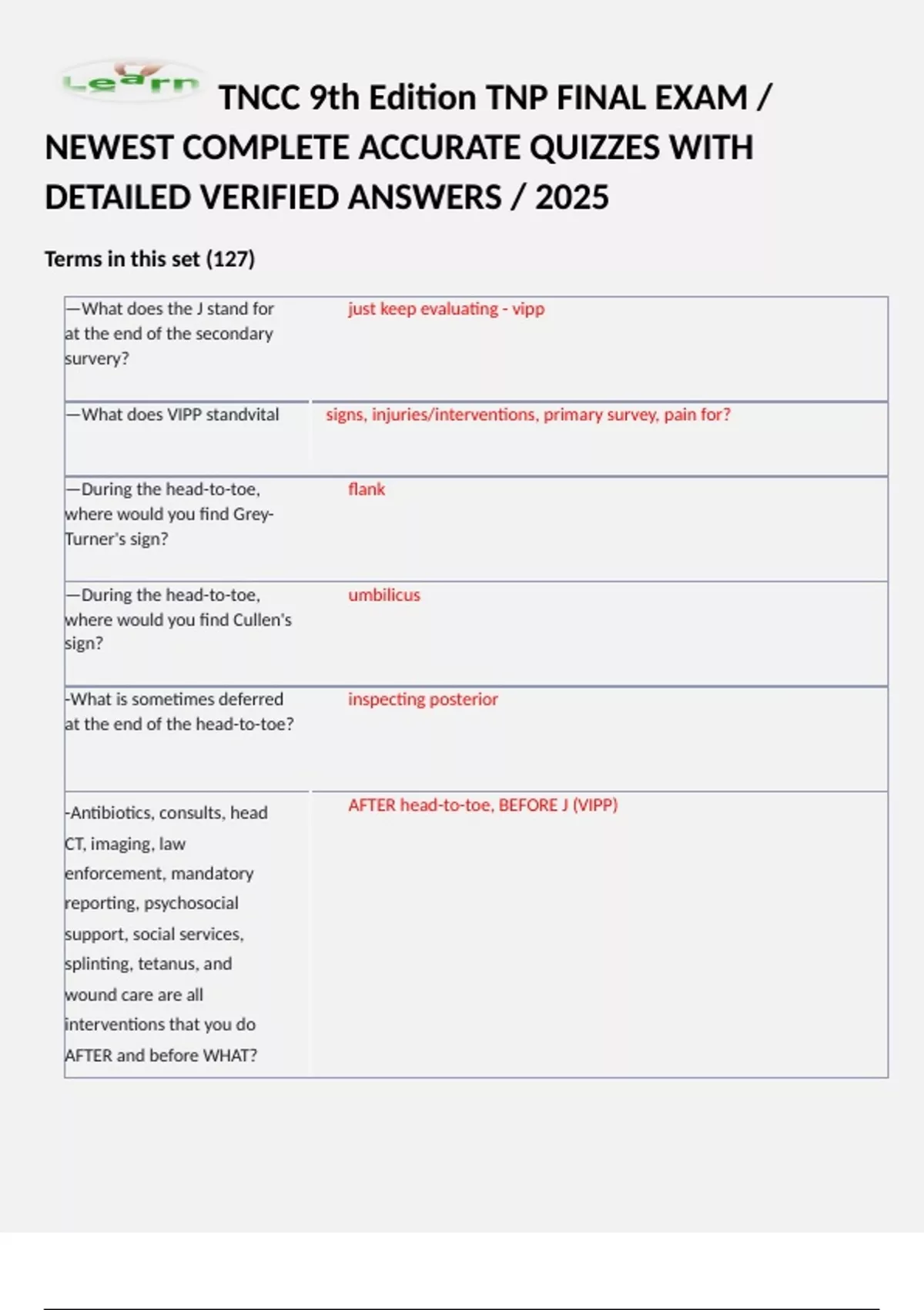 TNCC 9th Edition TNP FINAL EXAM / NEWEST COMPLETE ACCURATE QUIZZES WITH ...
