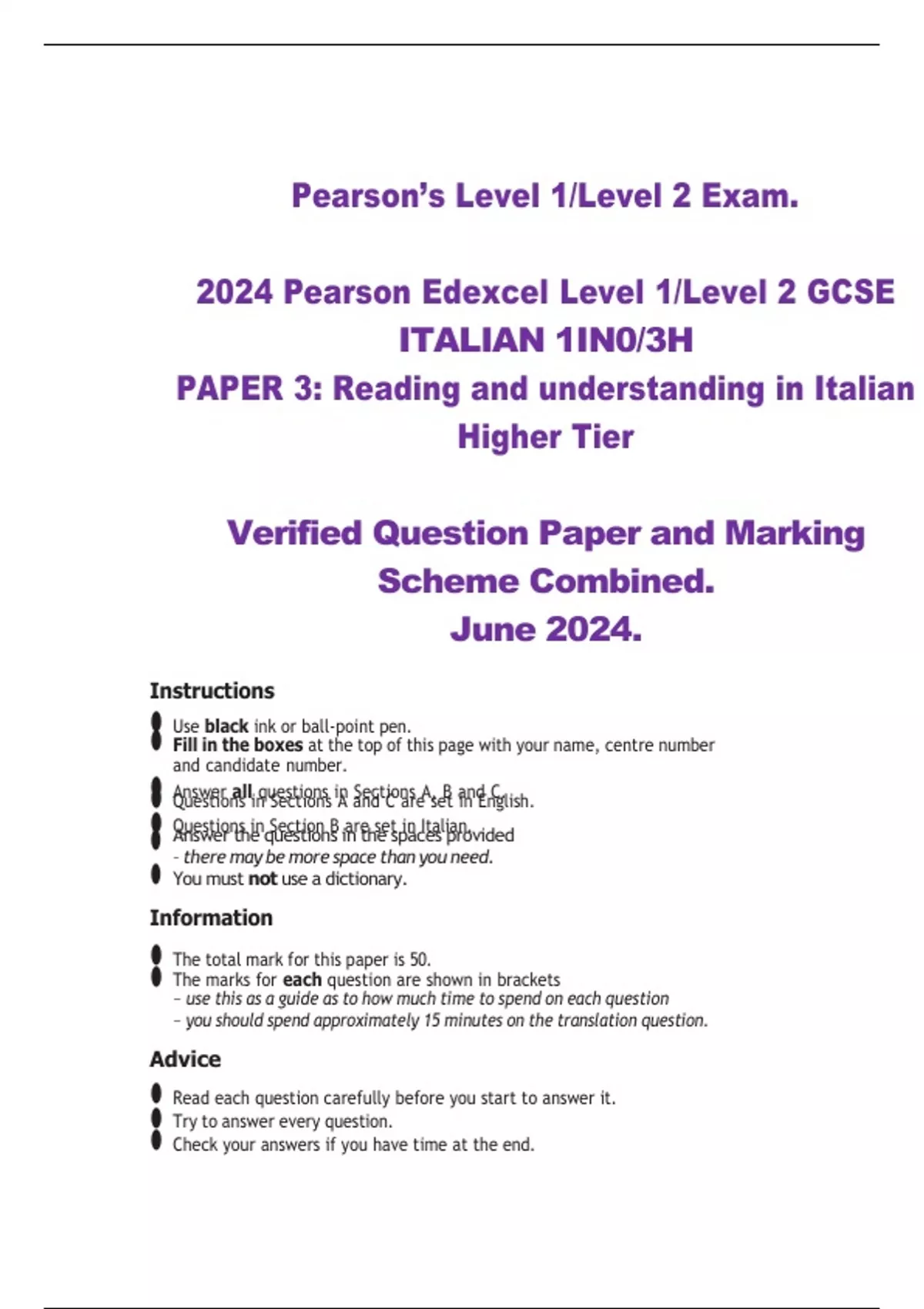 2024 Pearson Edexcel Level 1/Level 2 GCSE ITALIAN 1IN0/3H PAPER 3 ...