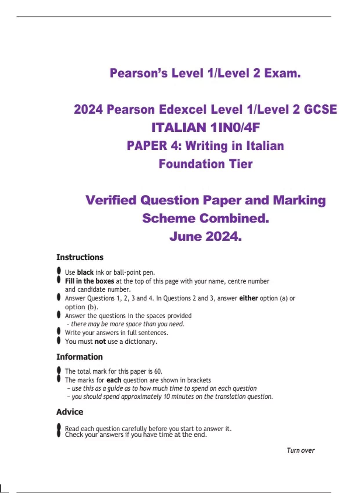 2024 Pearson Edexcel Level 1/Level 2 GCSE ITALIAN 1IN0/4F PAPER 4 ...