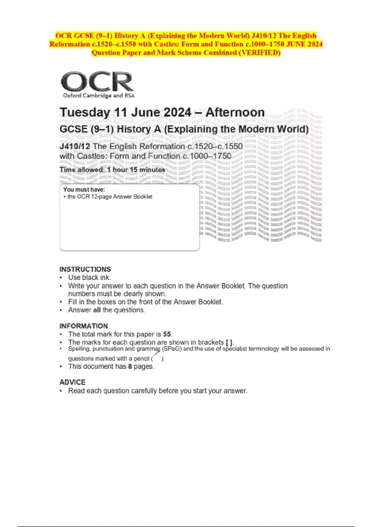 OCR GCSE (9–1) History A (Explaining the Modern World) J410/12 The English Reformation c.1520–c ...