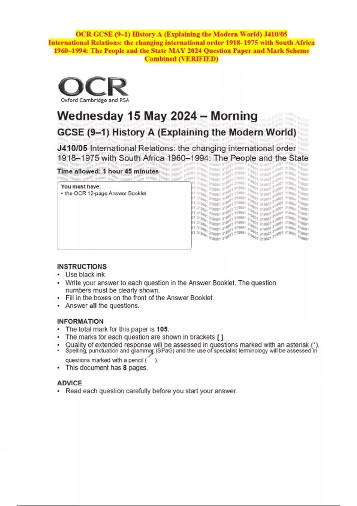 OCR GCSE (9–1) History A (Explaining the Modern World) J410/05 International Relations: the ...