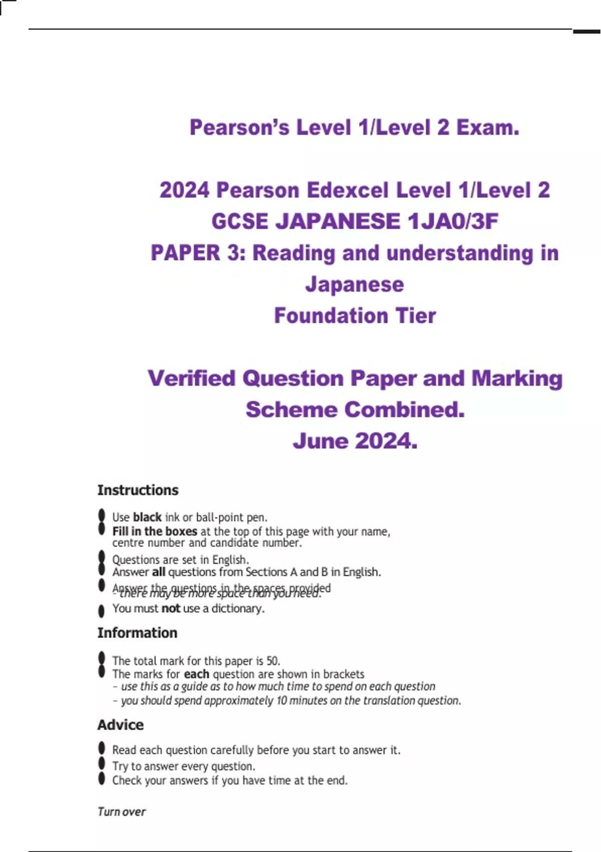 2024 Pearson Edexcel Level 1/Level 2 GCSE JAPANESE 1JA0/3F PAPER 3 ...