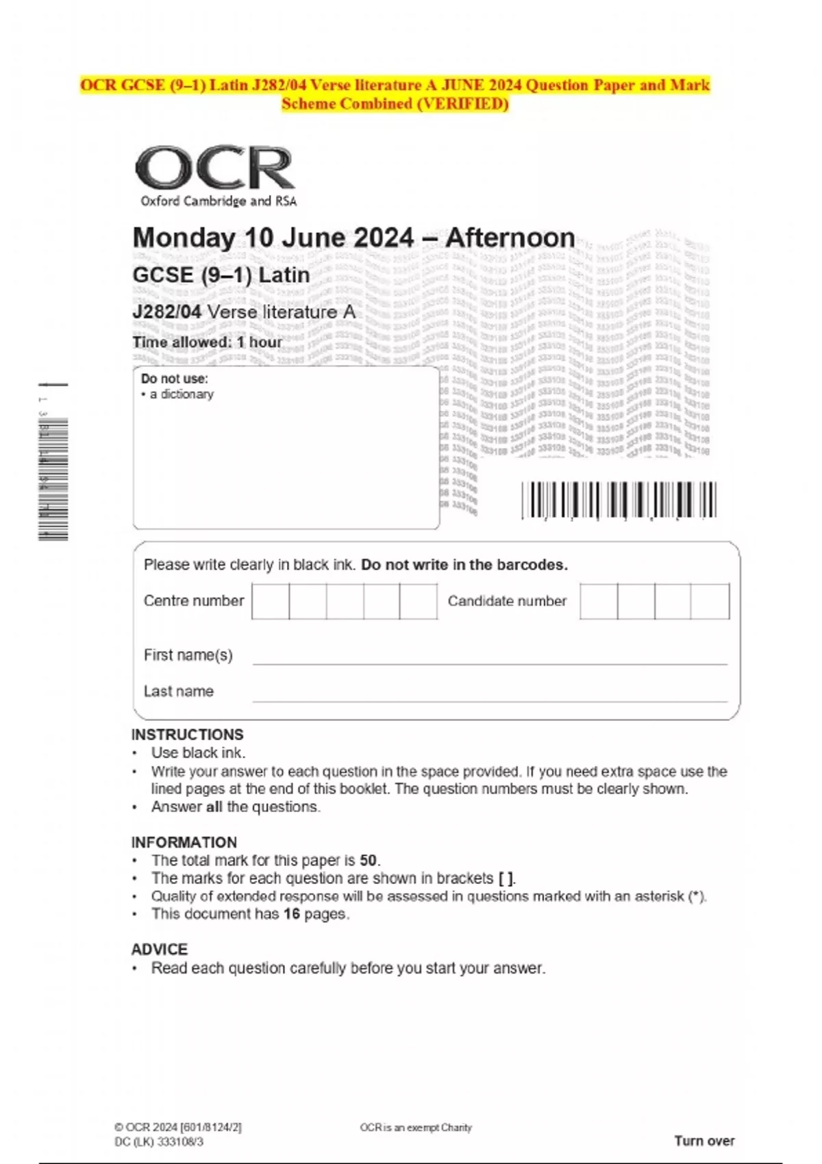 OCR GCSE (9–1) Latin J282/04 Verse literature A JUNE 2024 Question ...