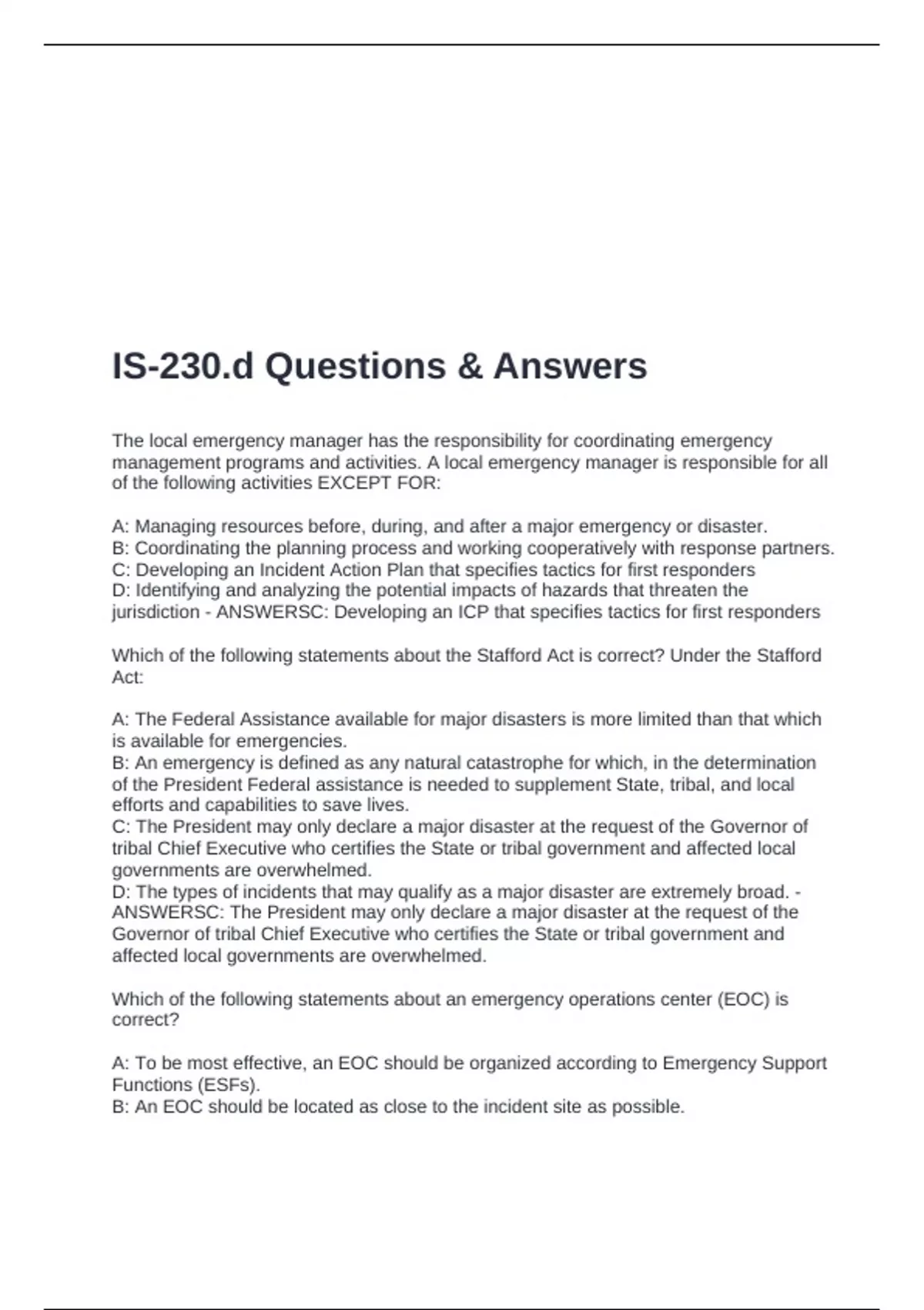 IS-230.d Questions & Answers - IS-230.d - Stuvia US